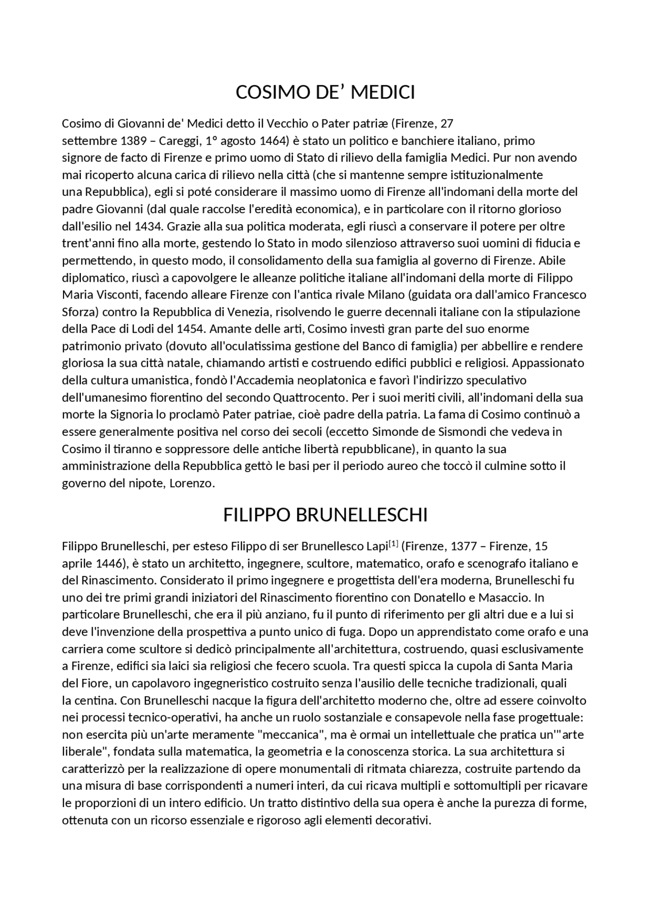 Cosimo De Medici E Filippo Brunelleschi Docsity