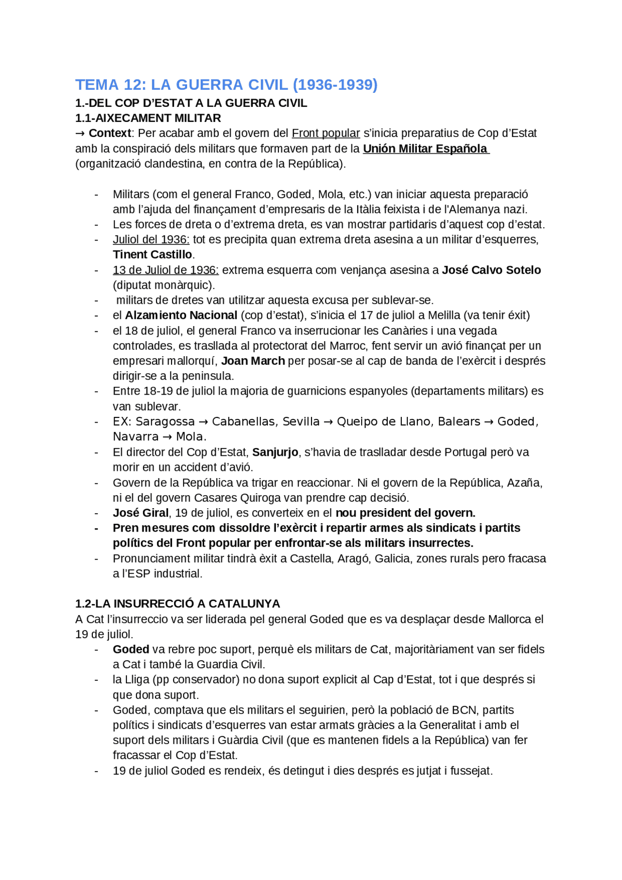 Resum De Guerra Civil I Franquisme Docsity
