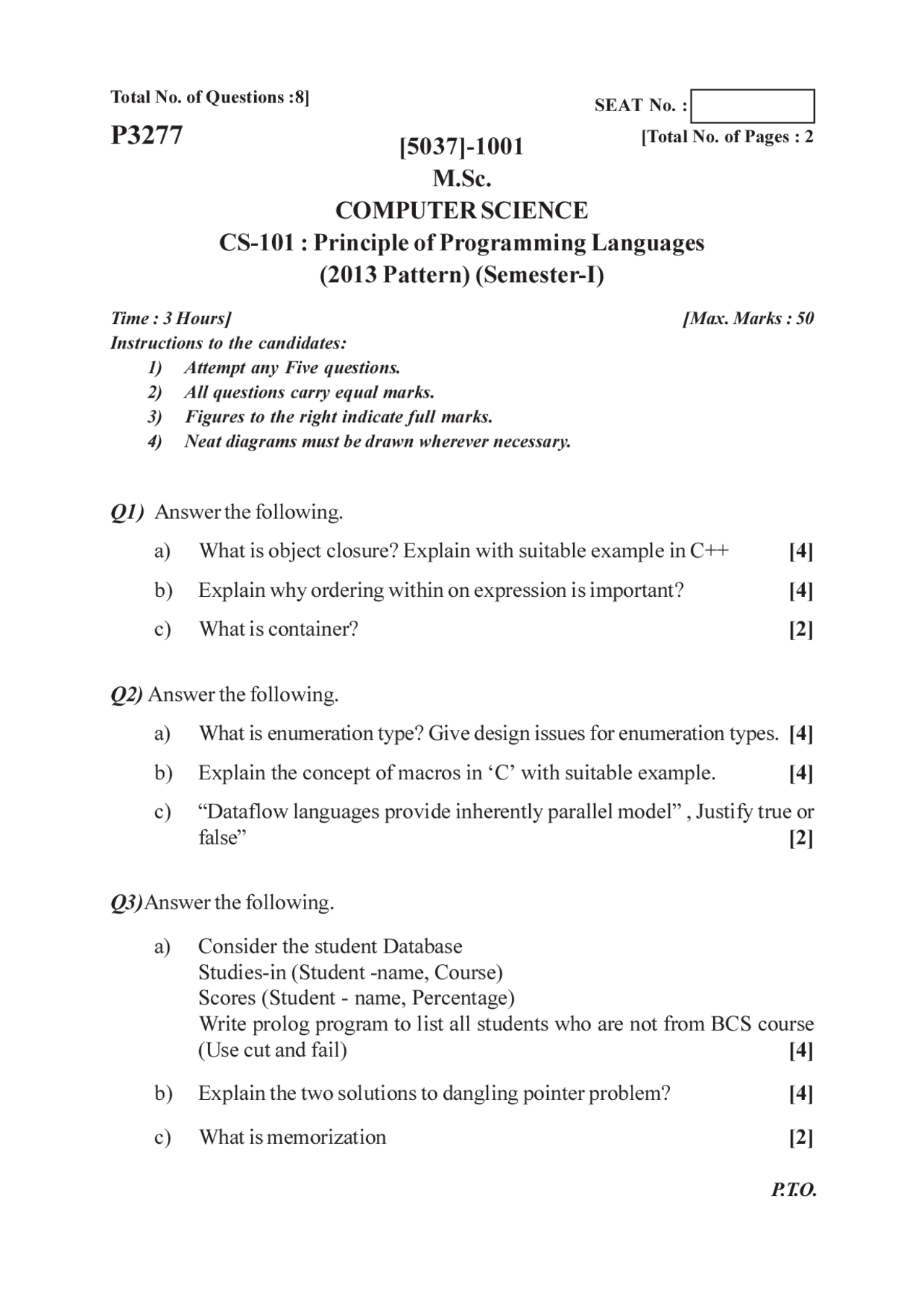 Entrance Exam Msc Compter Sciences 2013 Docsity