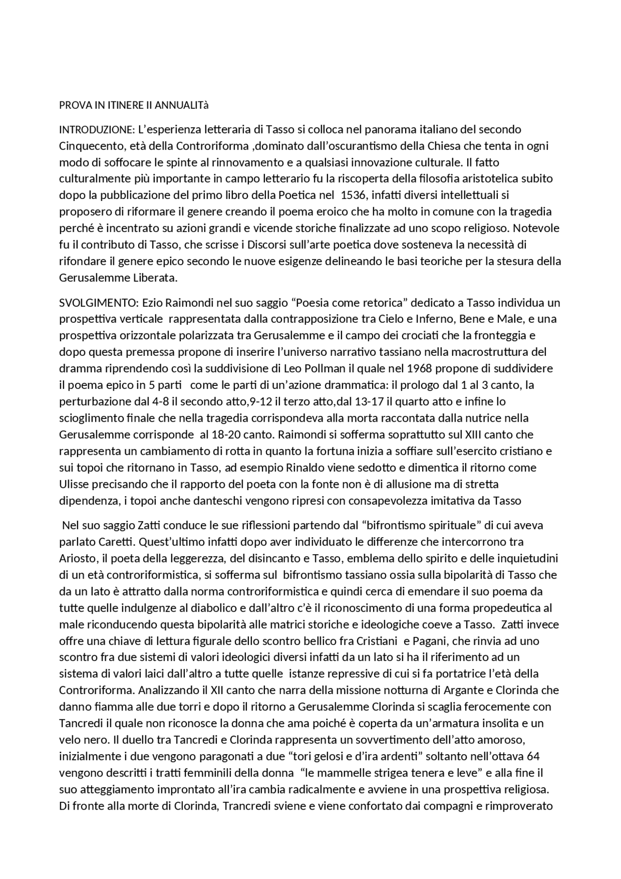 Appunti Del Saggio Di Zatti E Caretti Su Tasso Docsity