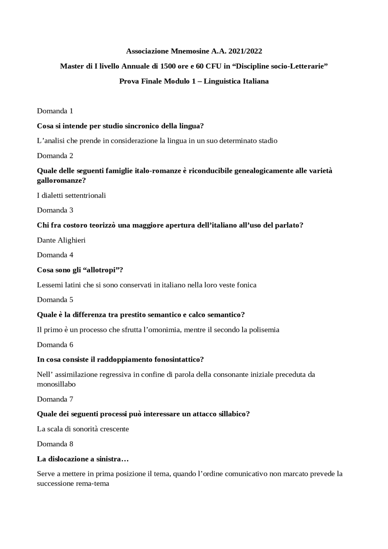 Prova Finale Modulo 1 Linguistica Italiana Panieri Di Linguistica