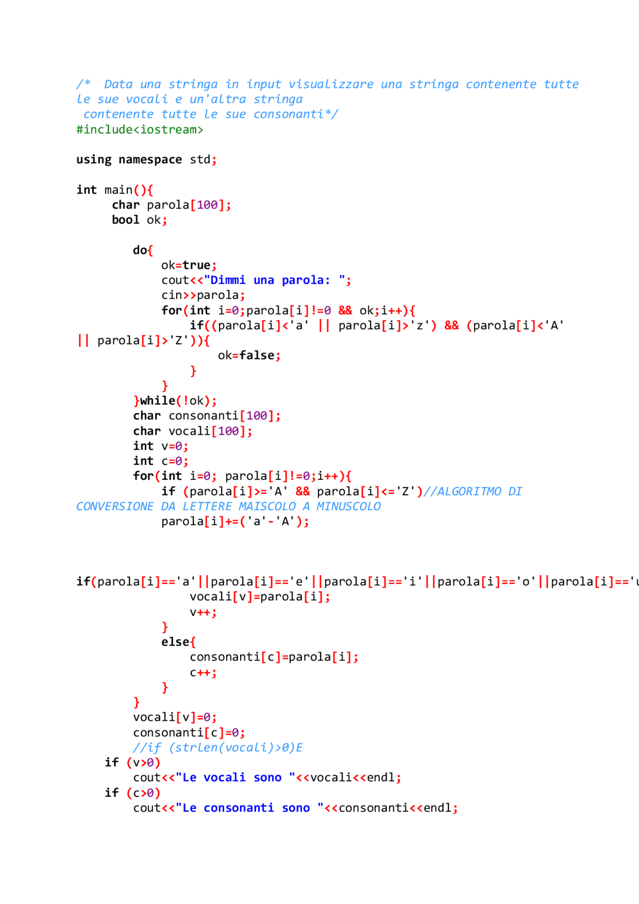 estrarre da parola vocali e consonanti stringhe | Esercizi di Fondamenti di informatica | Docsity