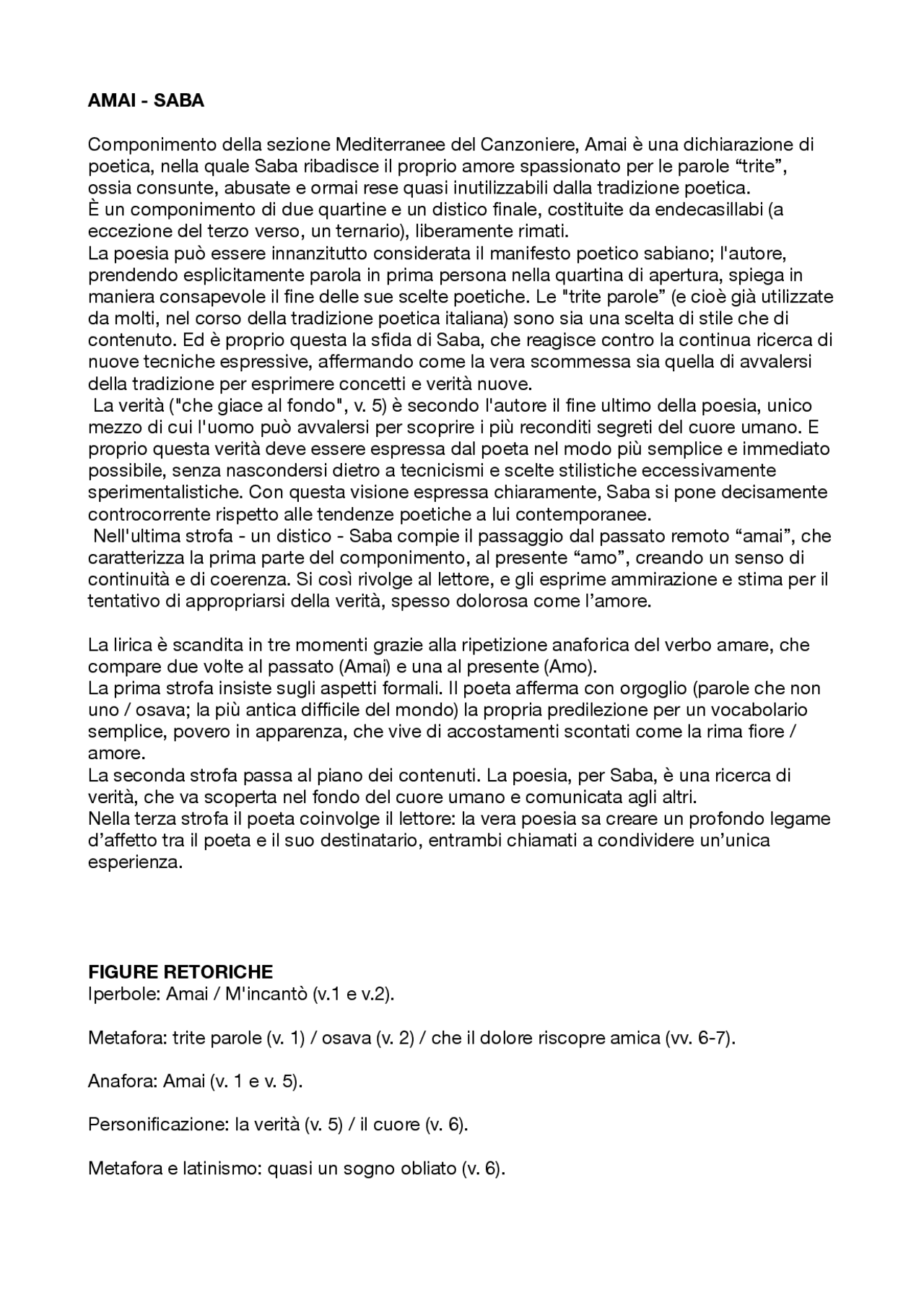 Italiano Appunti Di Amai Di Saba Docsity