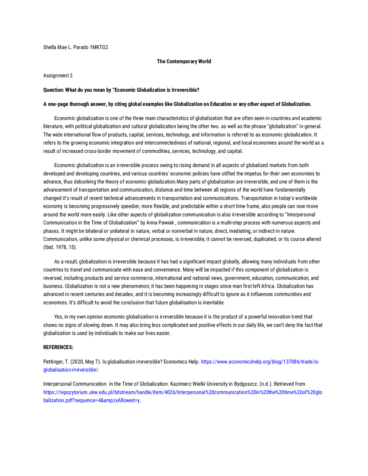 Economic Globalization Irreversible | Assignments Global Economics ...