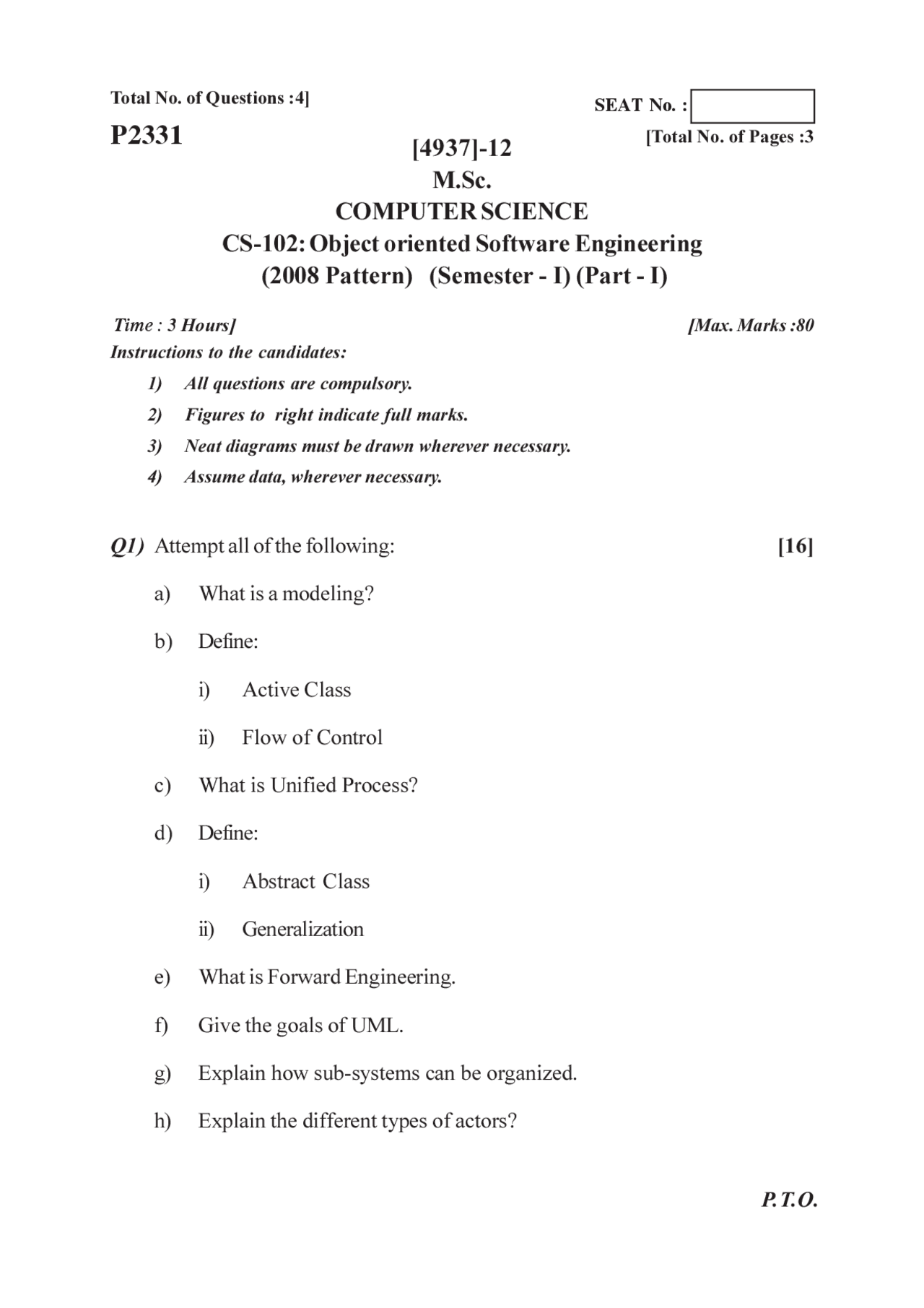 Entrance Exam Msc Compter Sciences Docsity