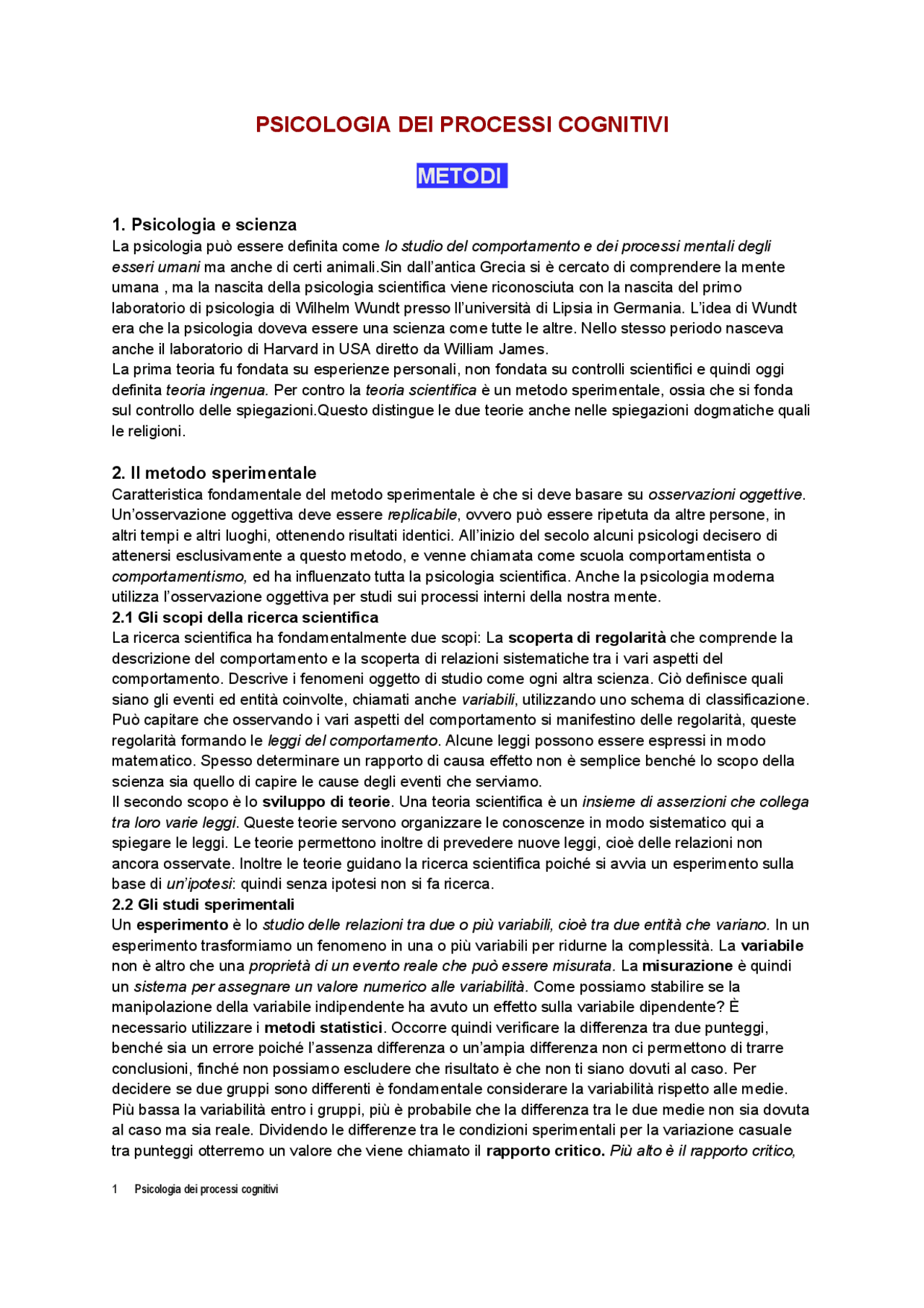 Psicologia Dei Processi Cognitivi Docsity