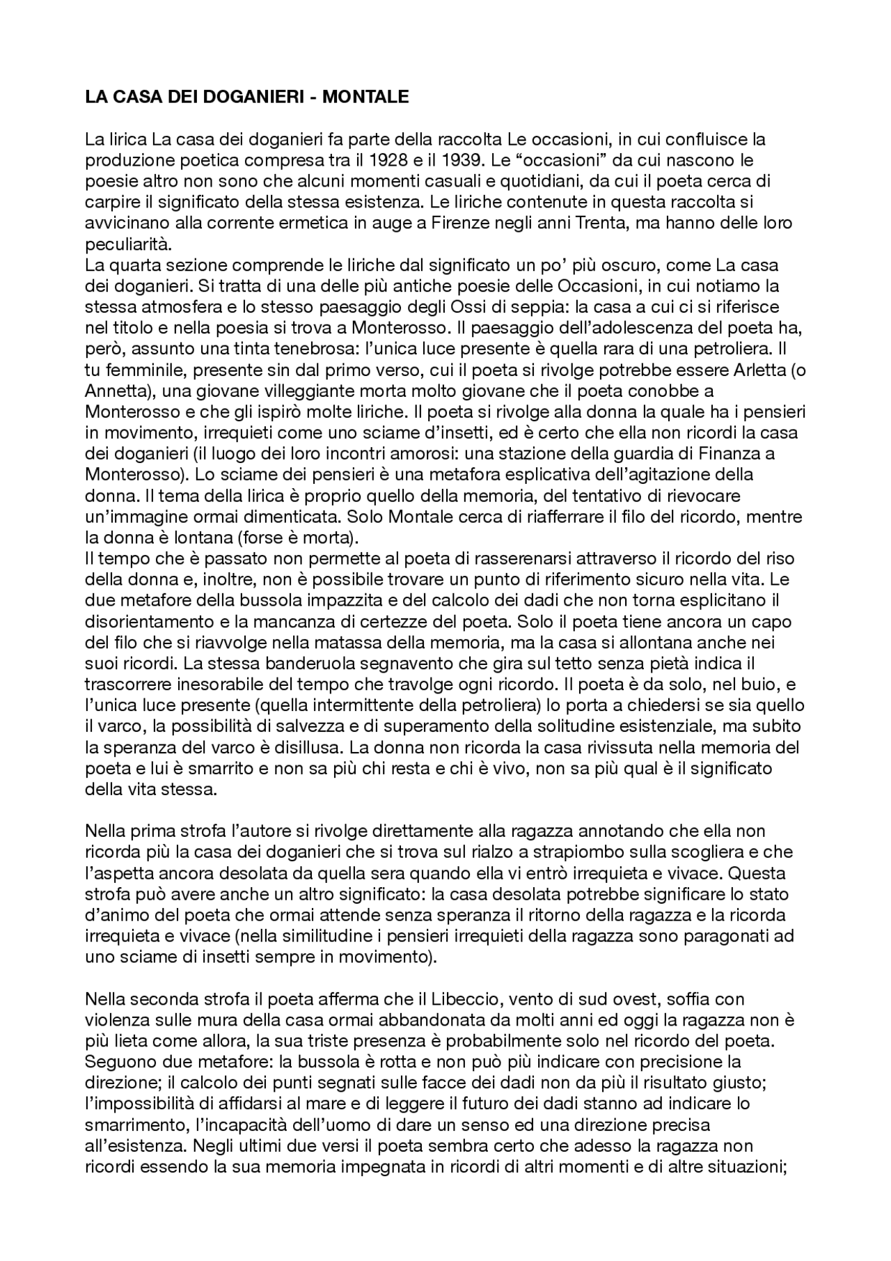 ITALIANO: appunti di LA CASA DEI DOGANIERI DI MONTALE - Docsity