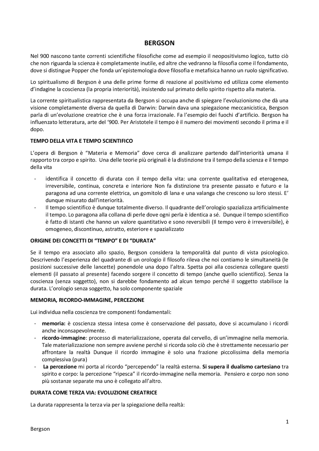 Bergson Appunti Schematici Di Filosofia Docsity