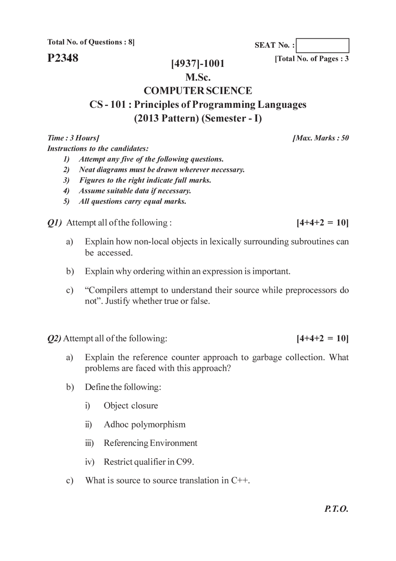 Entrance Exam Msc Compter Sciences 2013 Docsity