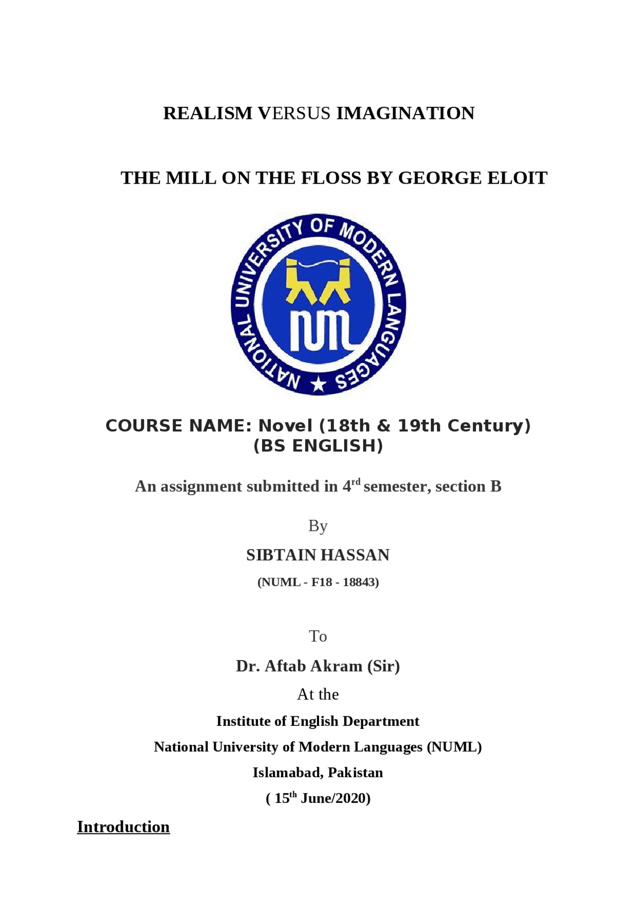 Mill On The Floss By George Eliot Realism Vs Imagination Docsity