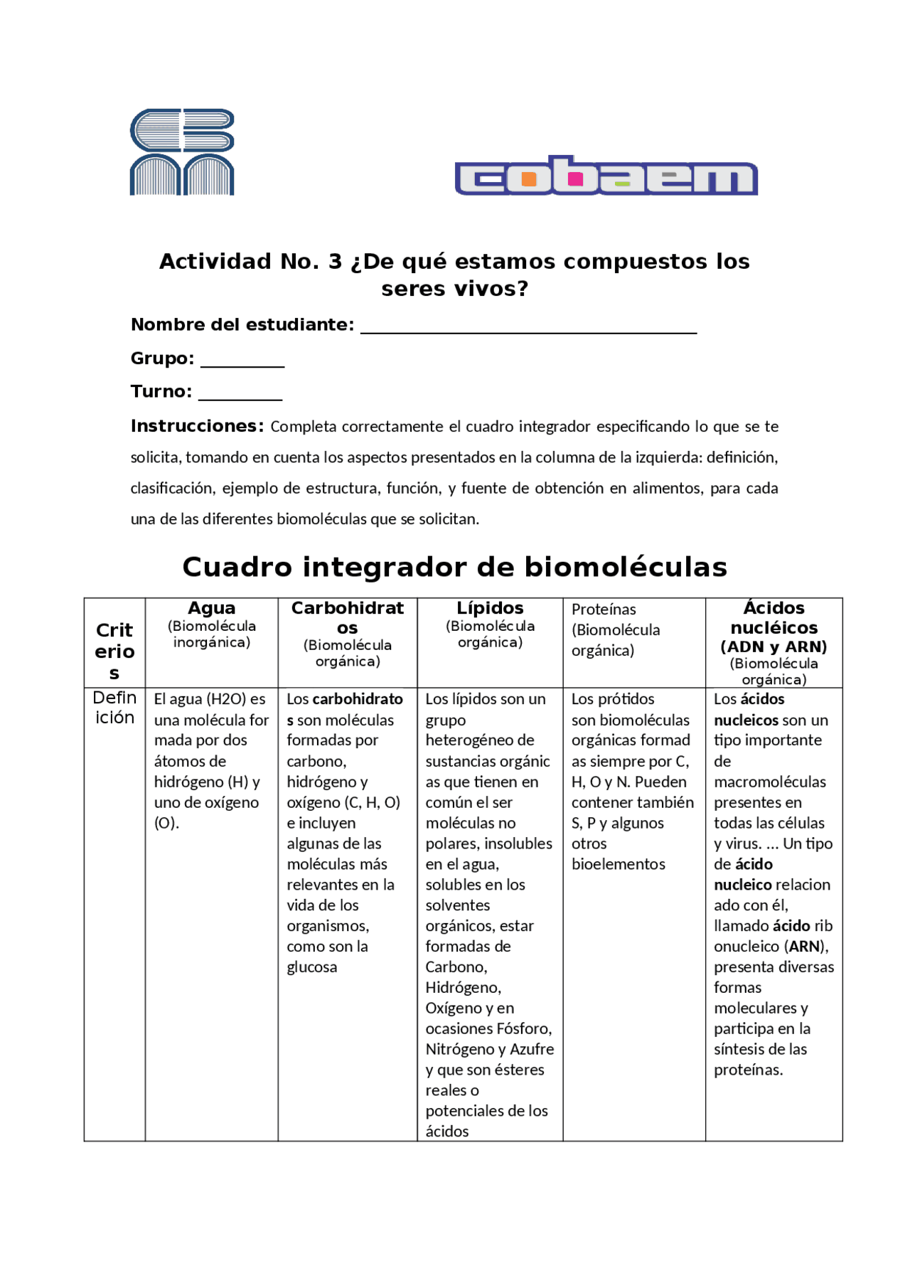 Completa correctamente el cuadro integrador especificando lo que se te ...