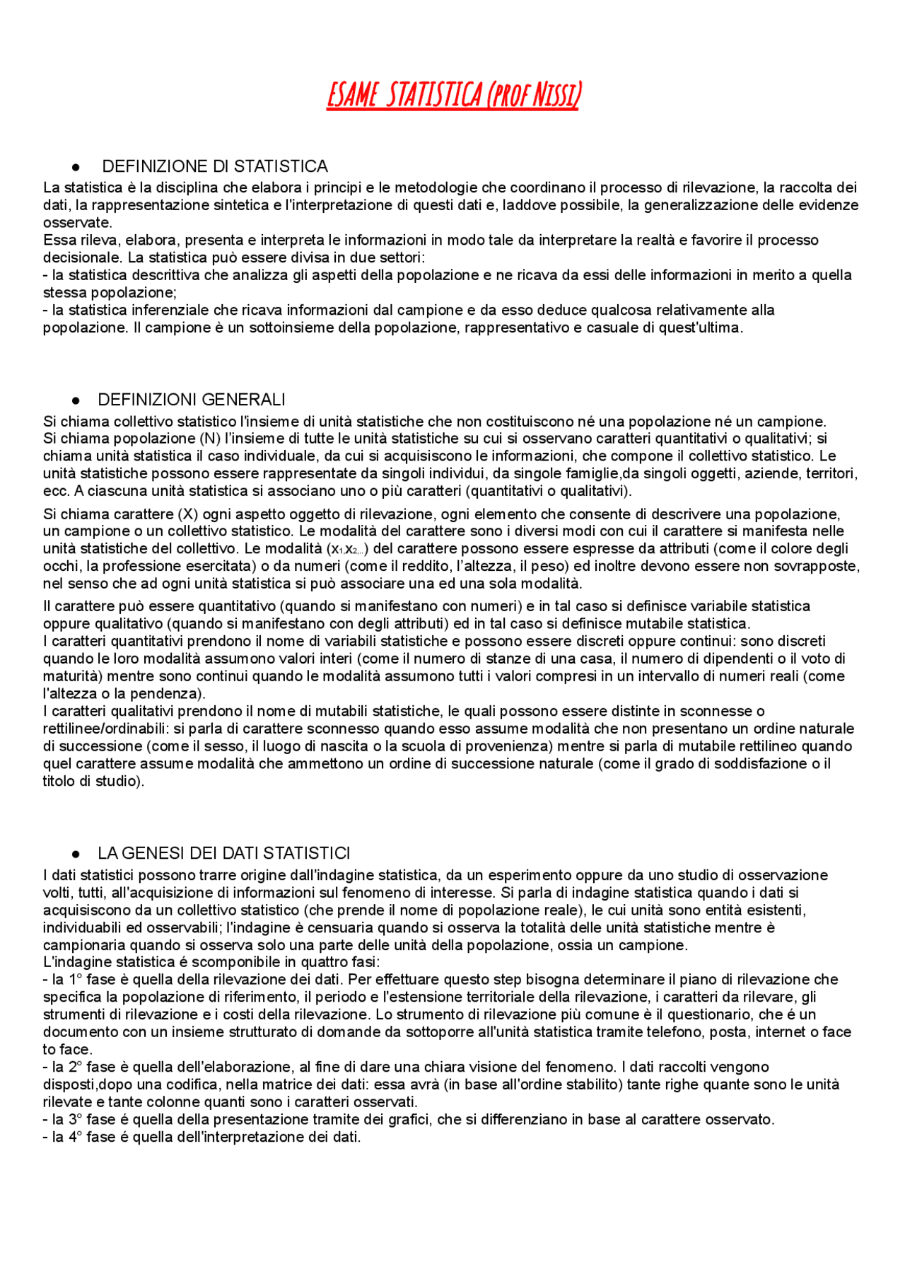 Riassunto Dettagliato Statistica Docsity