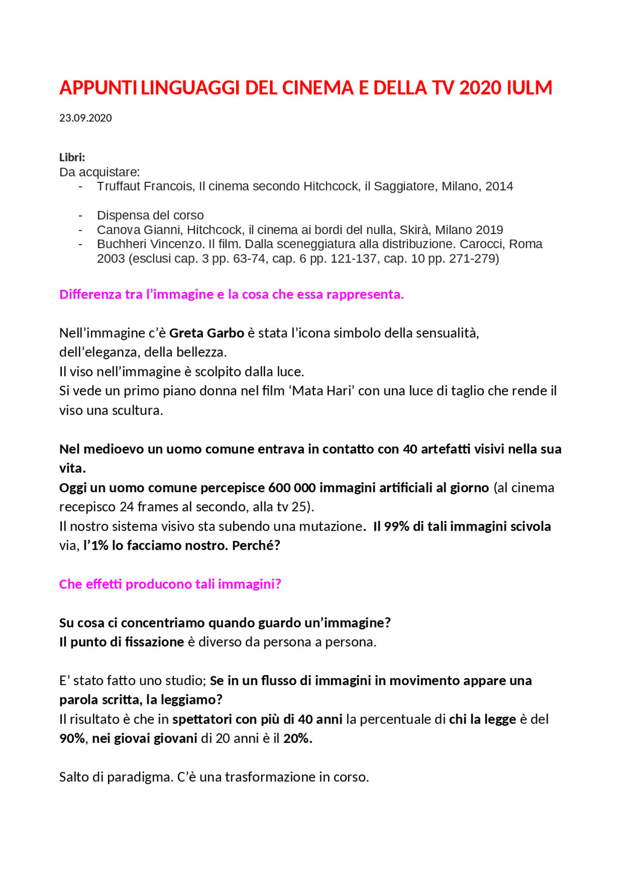 Appunti Linguaggi Del Cinema 2020 Iulm Docsity