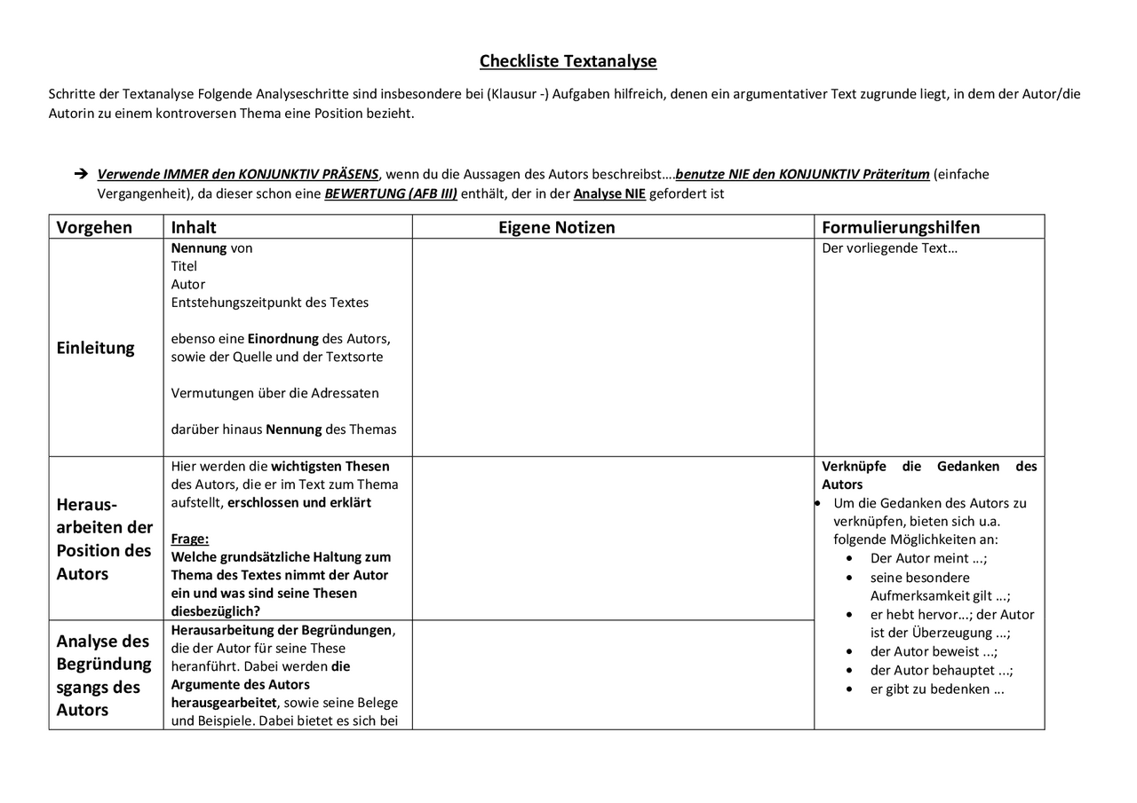 Checkliste/Methodenblatt zur Textanalyse im Sowi-Leistungskurs - Docsity
