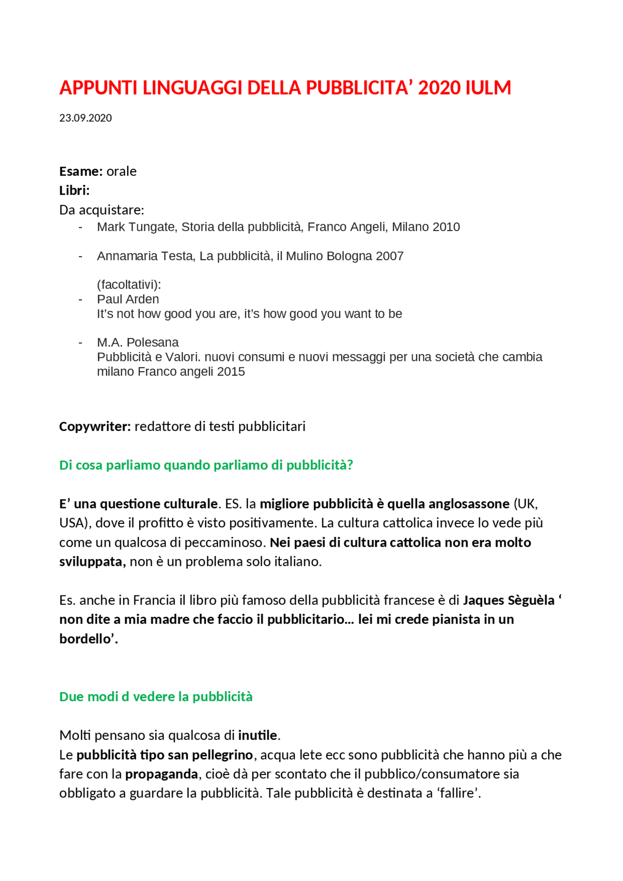 Appunti Linguaggi Della Pubblicità 2020 Iulm Docsity