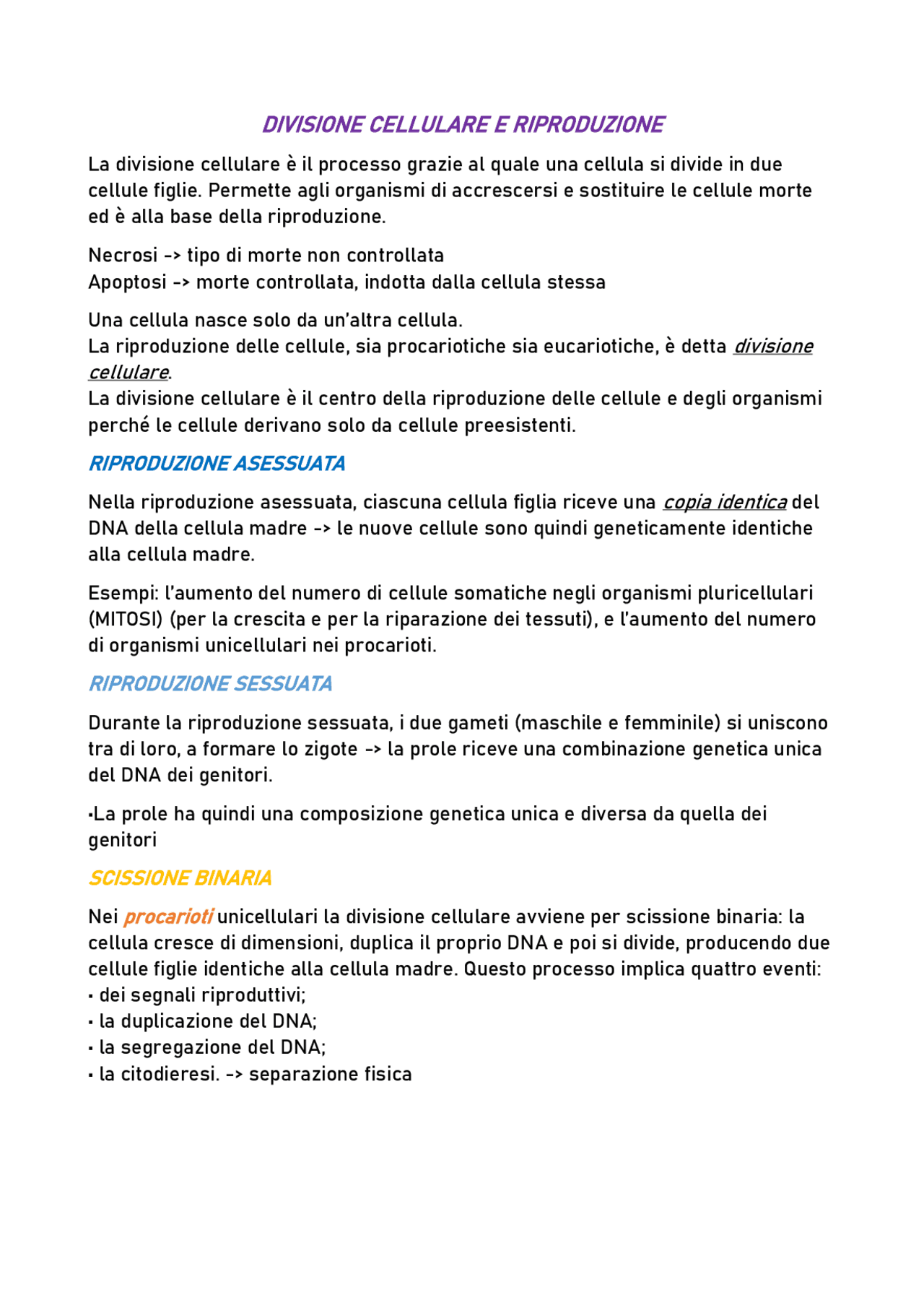 Appunti Divisione Cellulare E Riproduzione Docsity