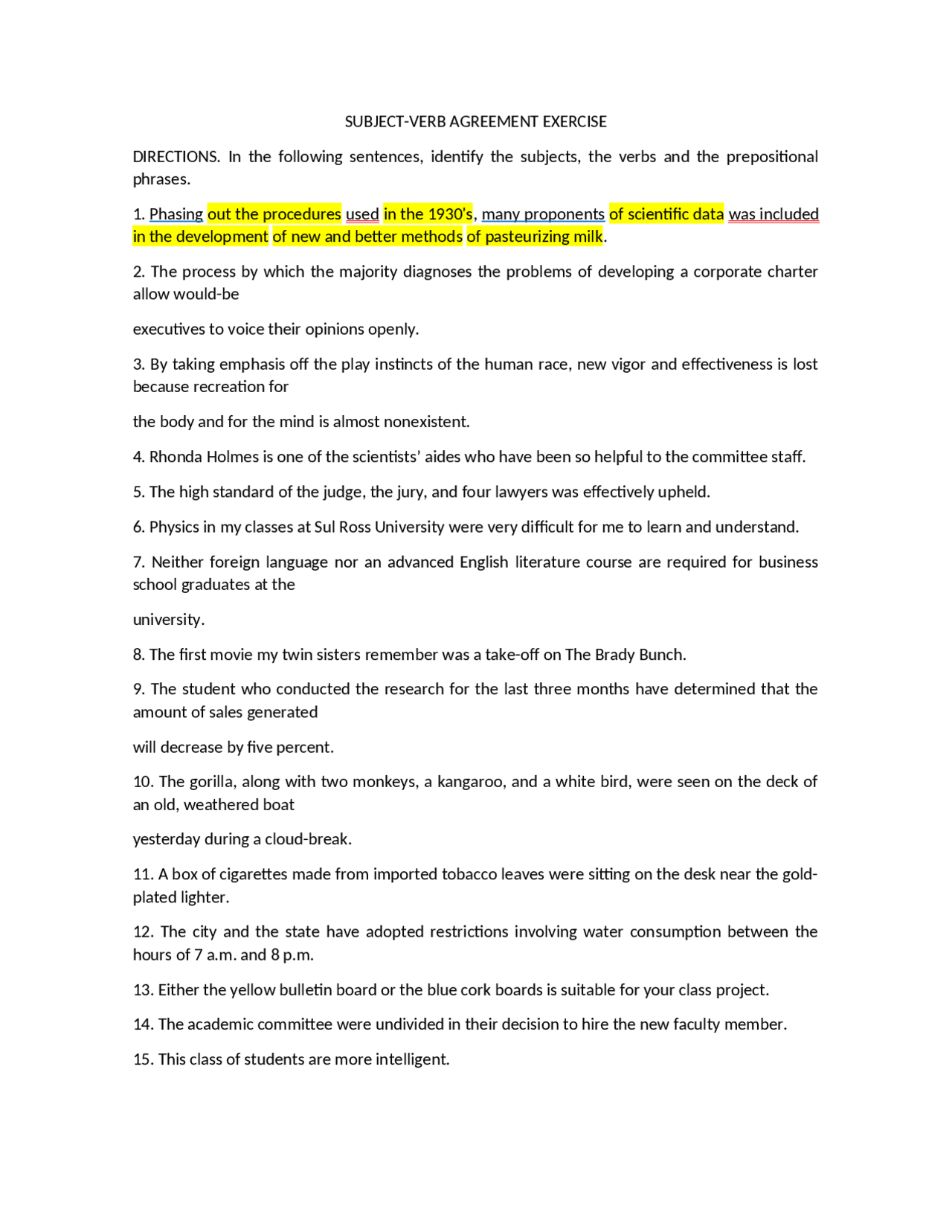 Subject verb for practice - Docsity