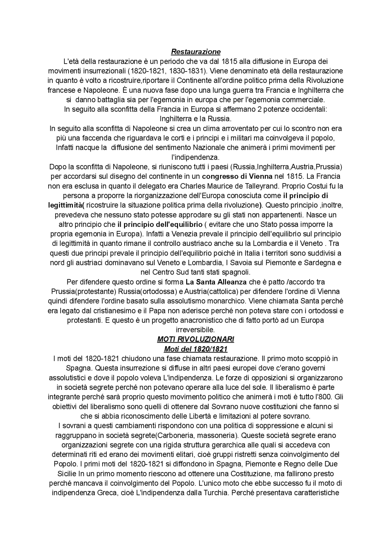 Età Della Restaurazione E Del Risorgimento Docsity