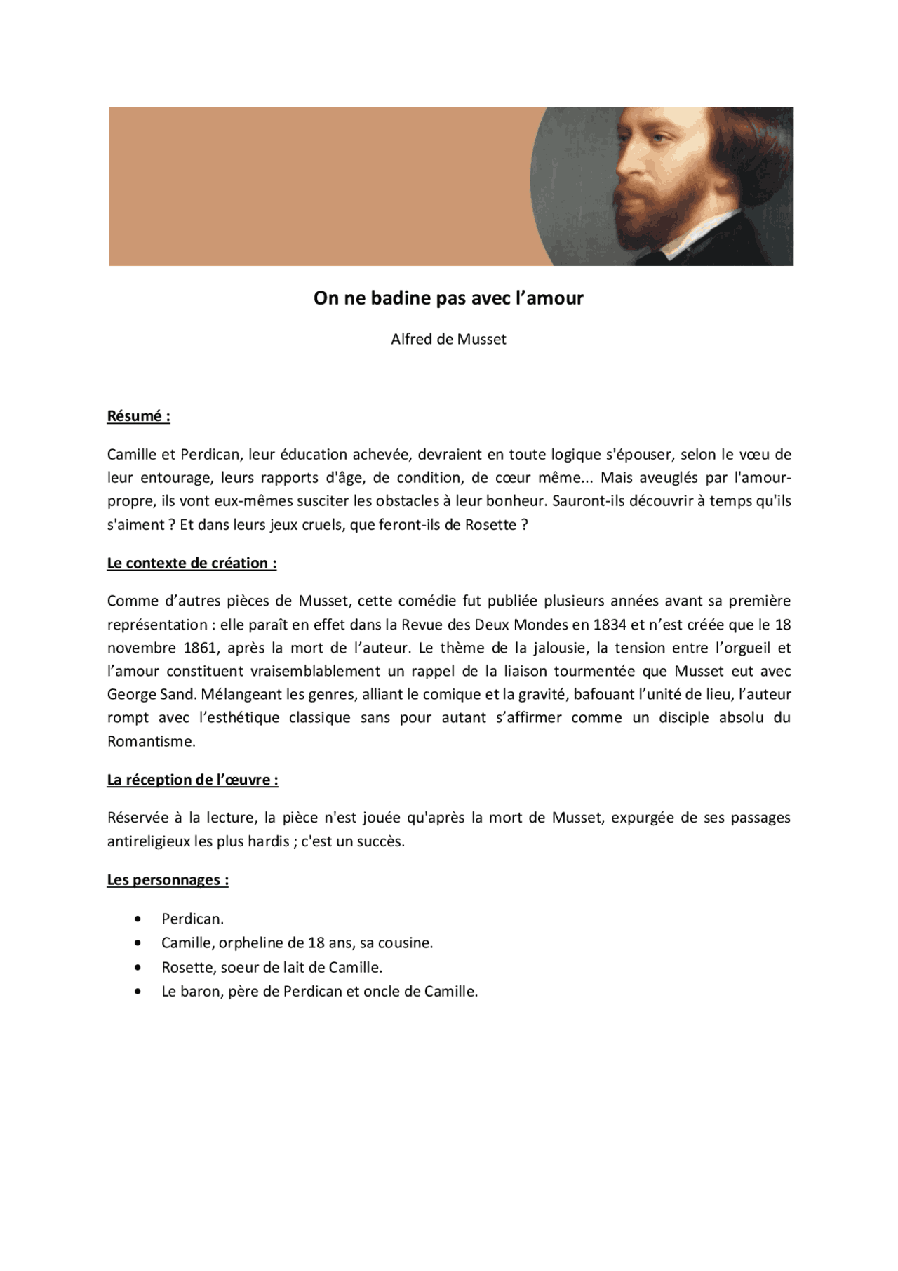 Fiche de lecture - On ne badine pas avec l’amour, de Musset - Docsity