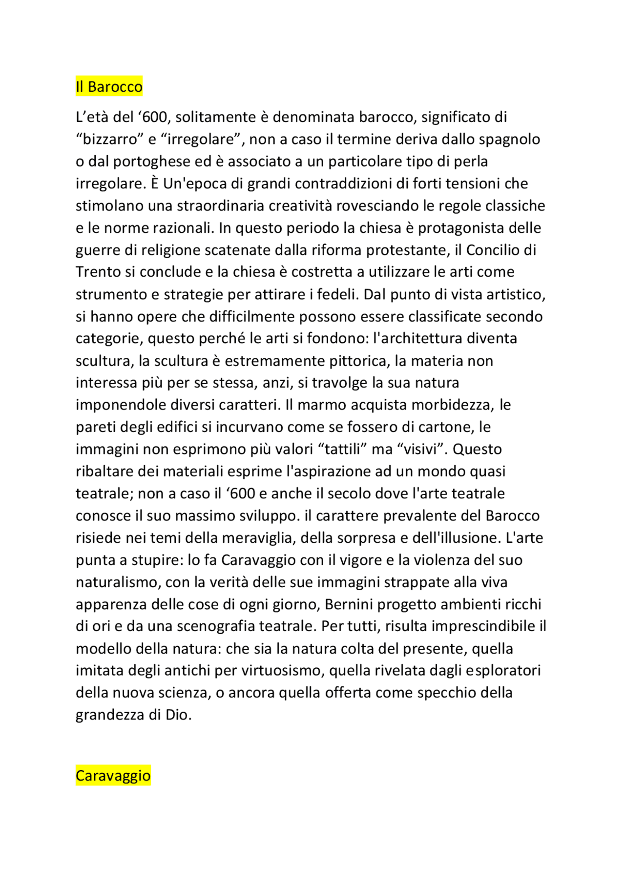 Il Barocco Caravaggio E Bernini Docsity