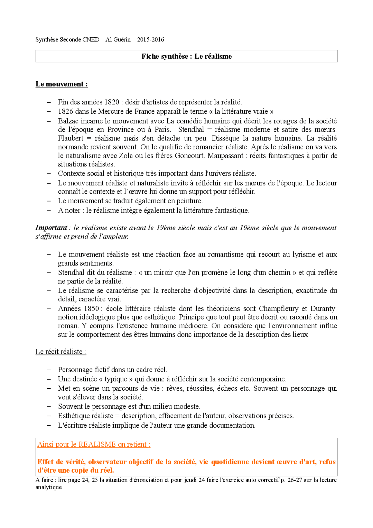 Fiche synthèse: Le réalisme | Résumés Littérature | Docsity