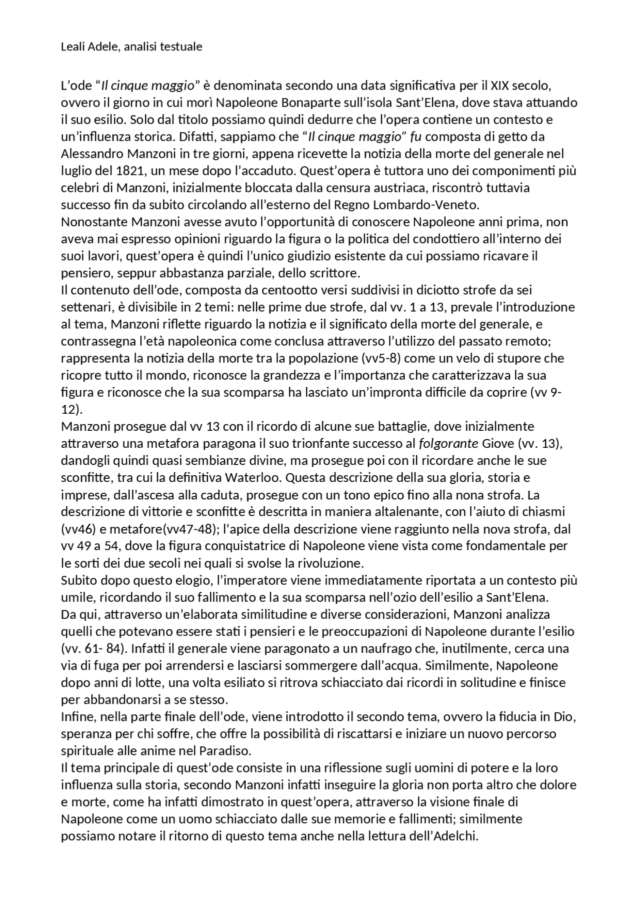 5 Maggio Manzoni Analisi Docsity