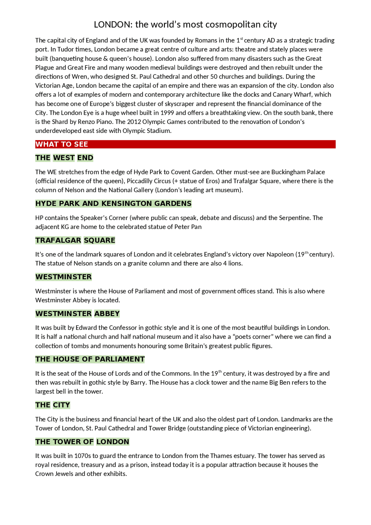 London, summary of history and highlight - Docsity