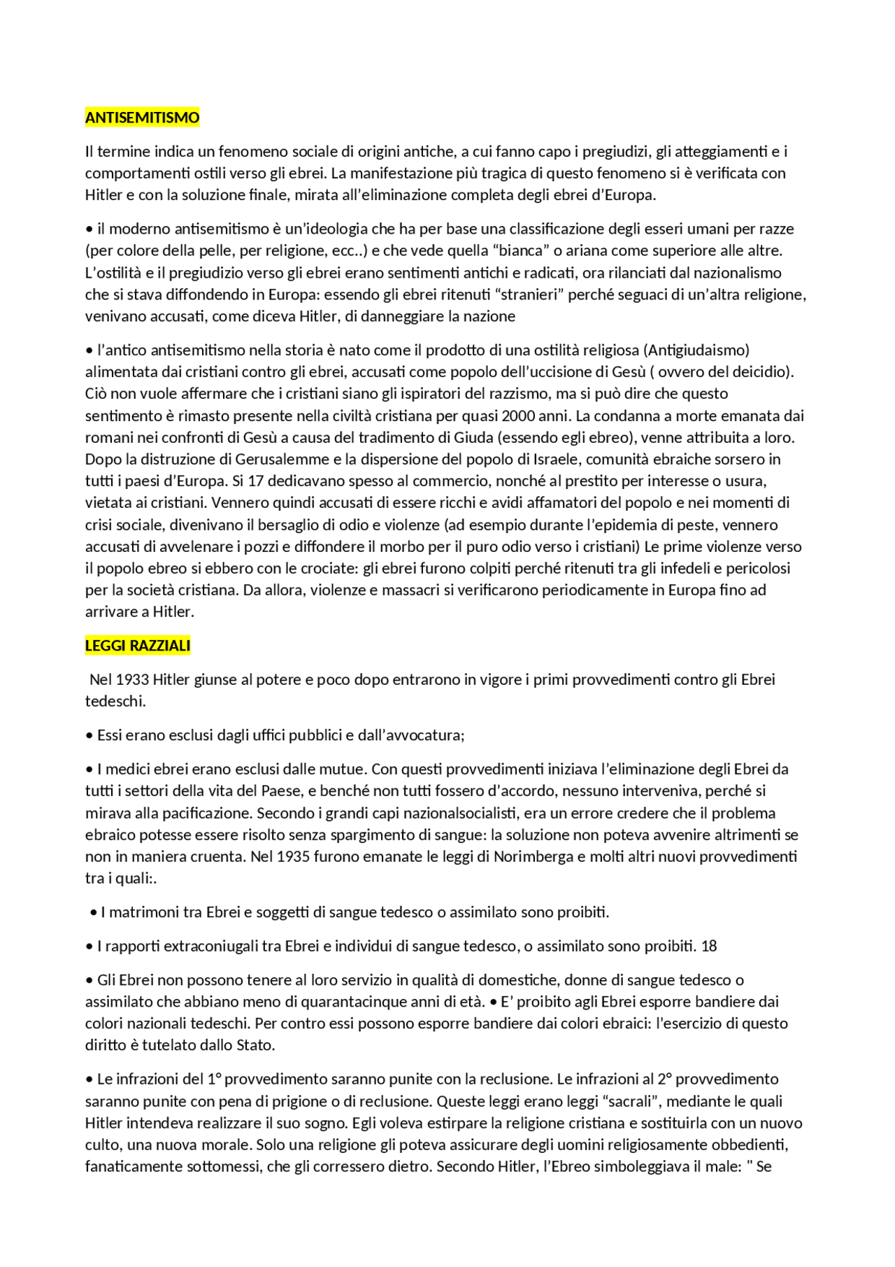 Antisemitismo E Leggi Razziali Docsity