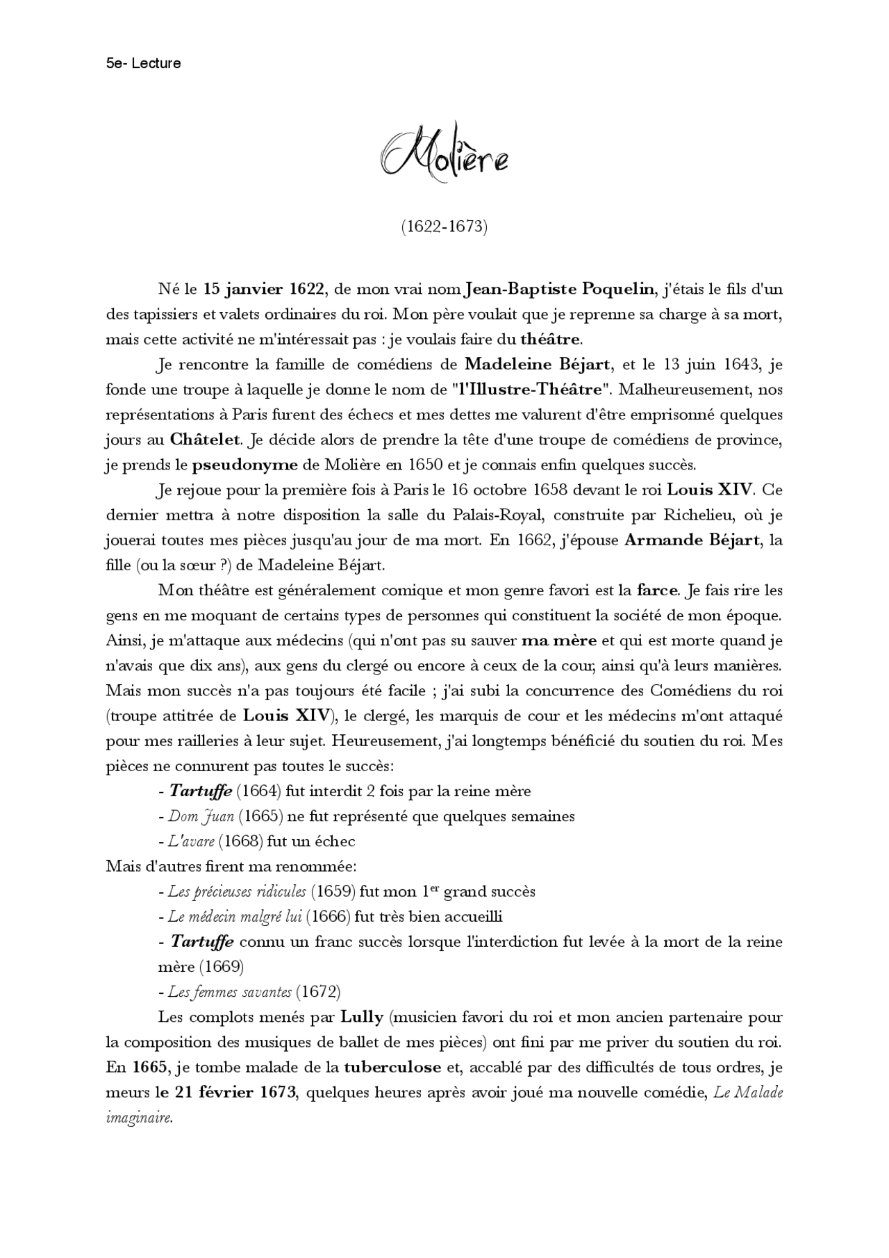 Fiche biographique - Molière - Docsity