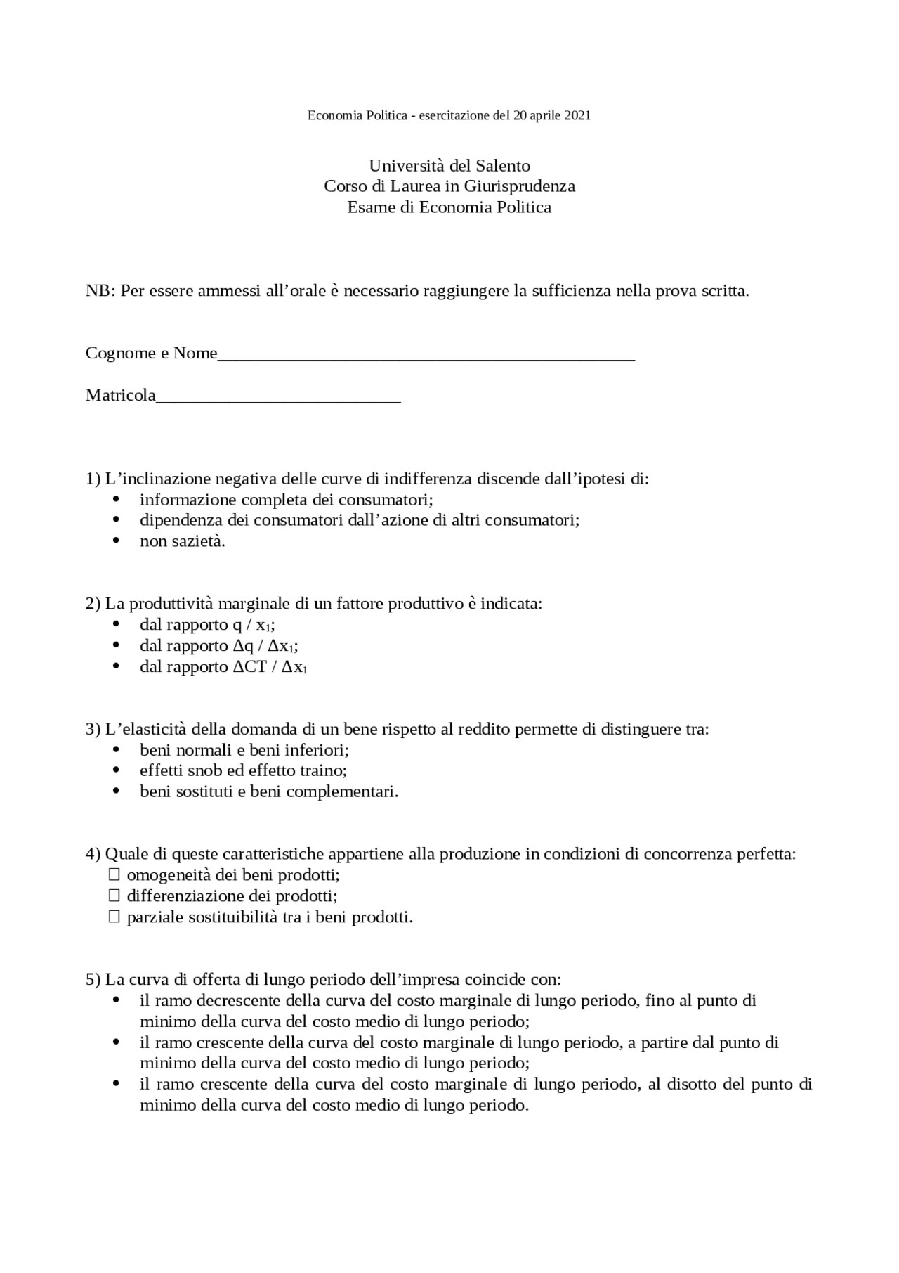 Esercitazione per prova scritta di microeconomia - Docsity Esercitazione per prova scritta di microeconomia - Docsity
