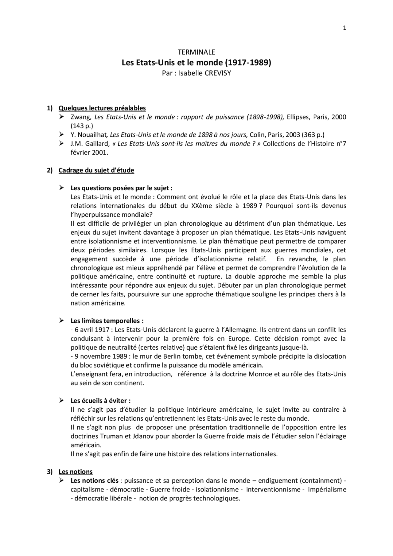 Les Etats-Unis et le monde (1917-1989) - Docsity
