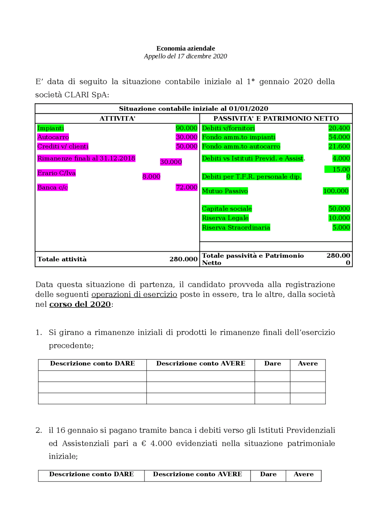 Prova Desame Economia Aziendale Docsity