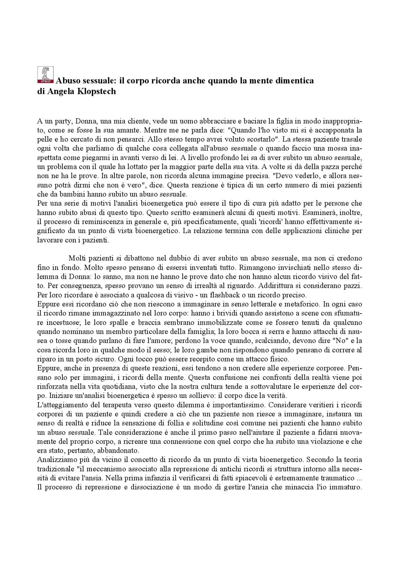 Abuso Infantile Secondo La Visione Di Klopstech Docsity