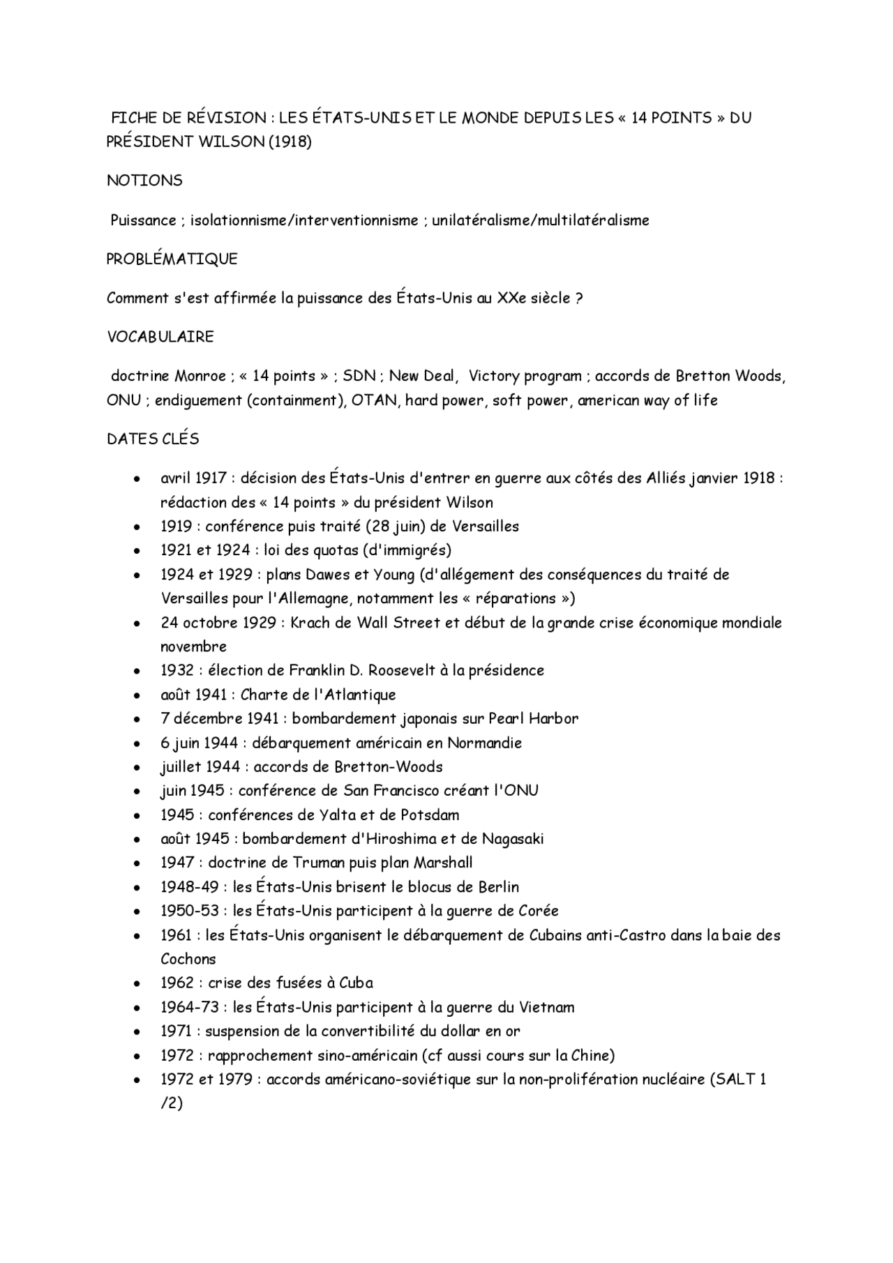 Fiche de révision: Les États-Unis et le monde depuis 1918 - Docsity