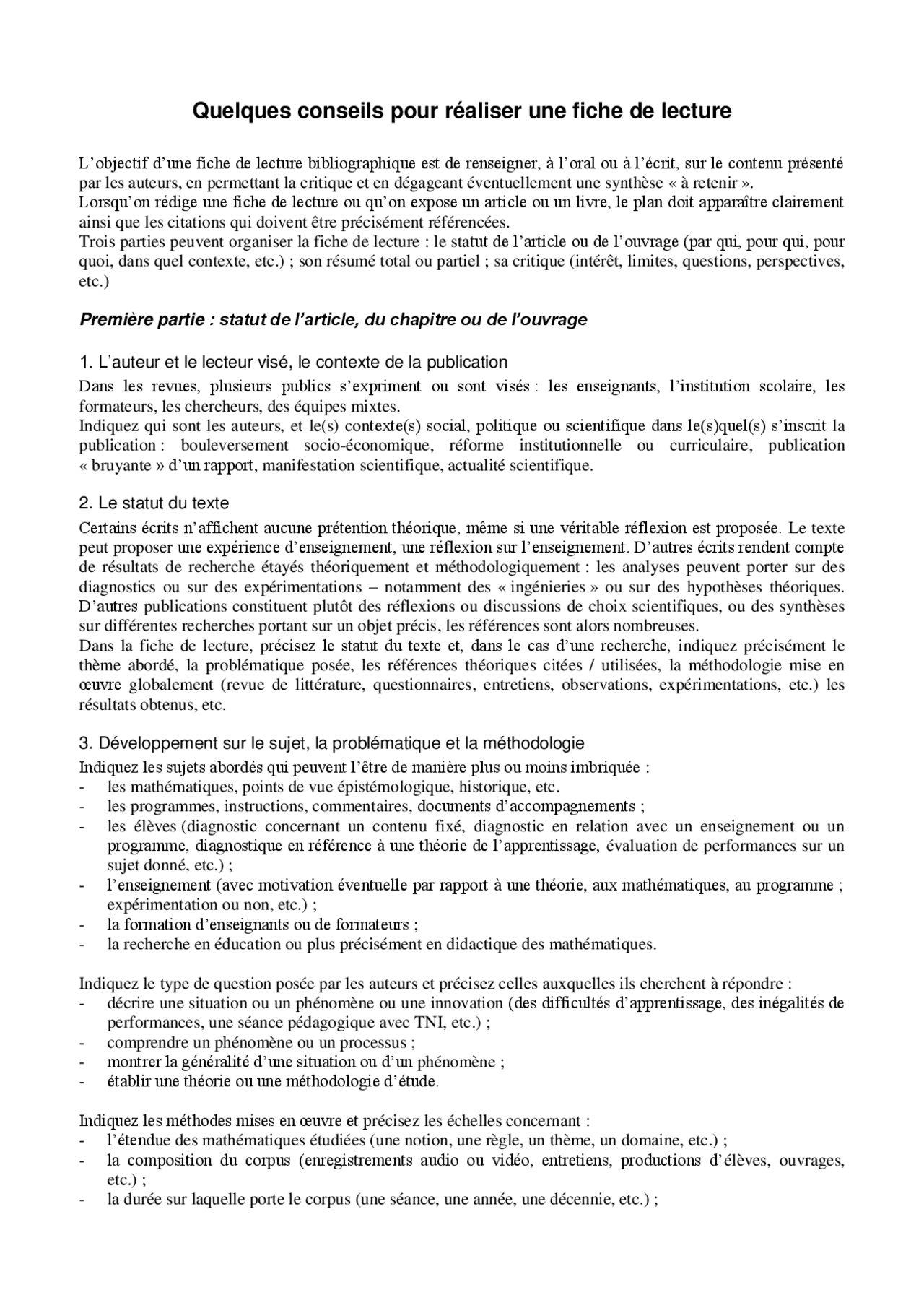 Quelques Conseils Pour Réaliser Une Fiche De Lecture Docsity