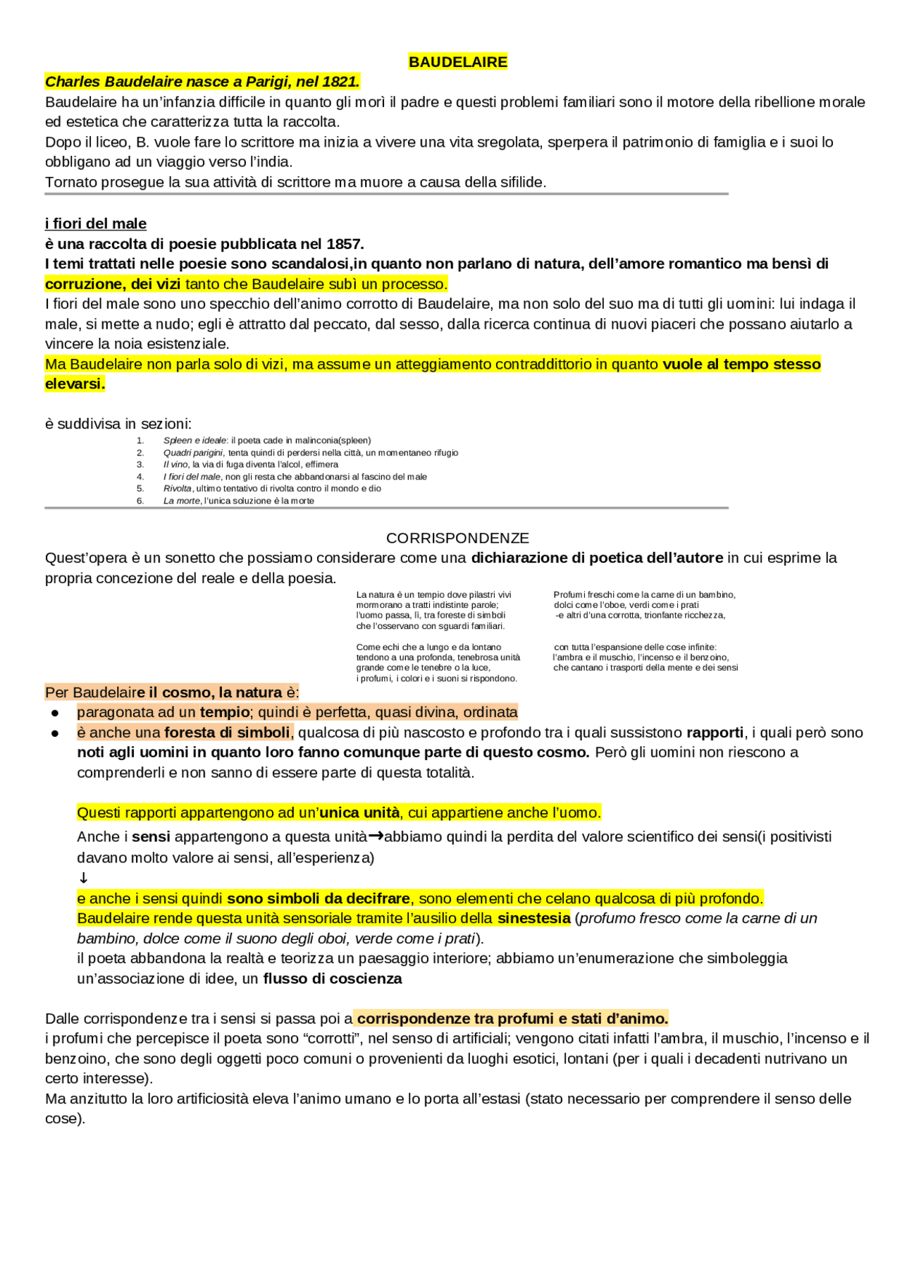 Riassunti Su Charles Baudelaire Opere E Confronto Con Leopardi Docsity