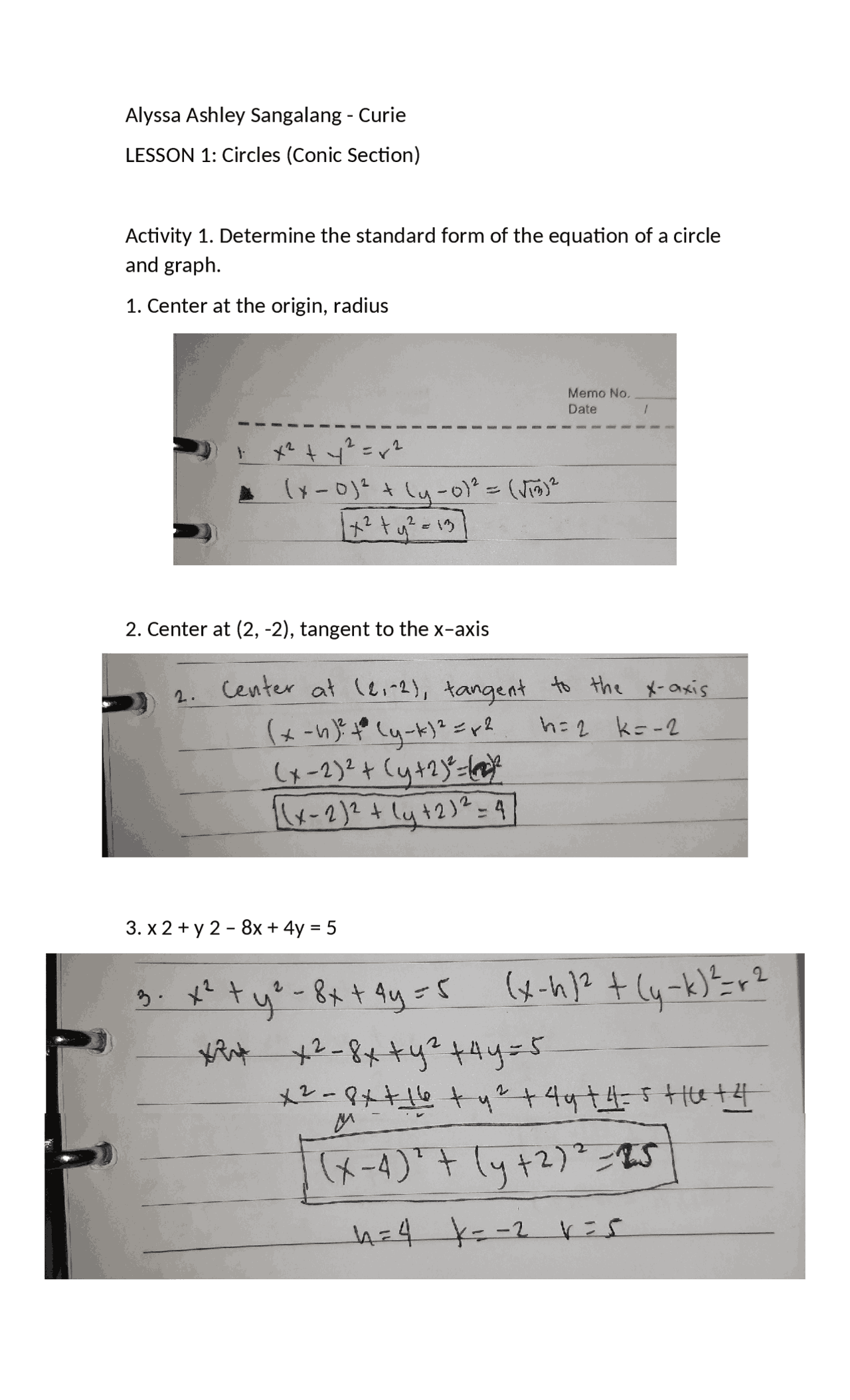 GRADE 11 PRE CALCULUS - CIRCLES (CONIC SECTION) - Docsity