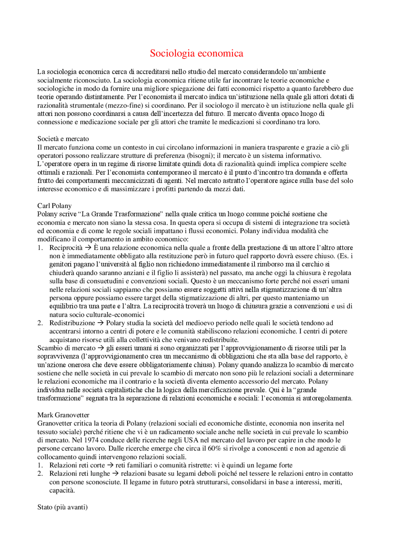 Sociologia Economica Parte Uno Docsity