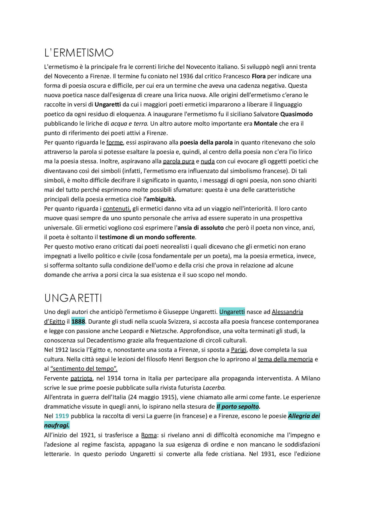 Lermetismo E Ungaretti Docsity