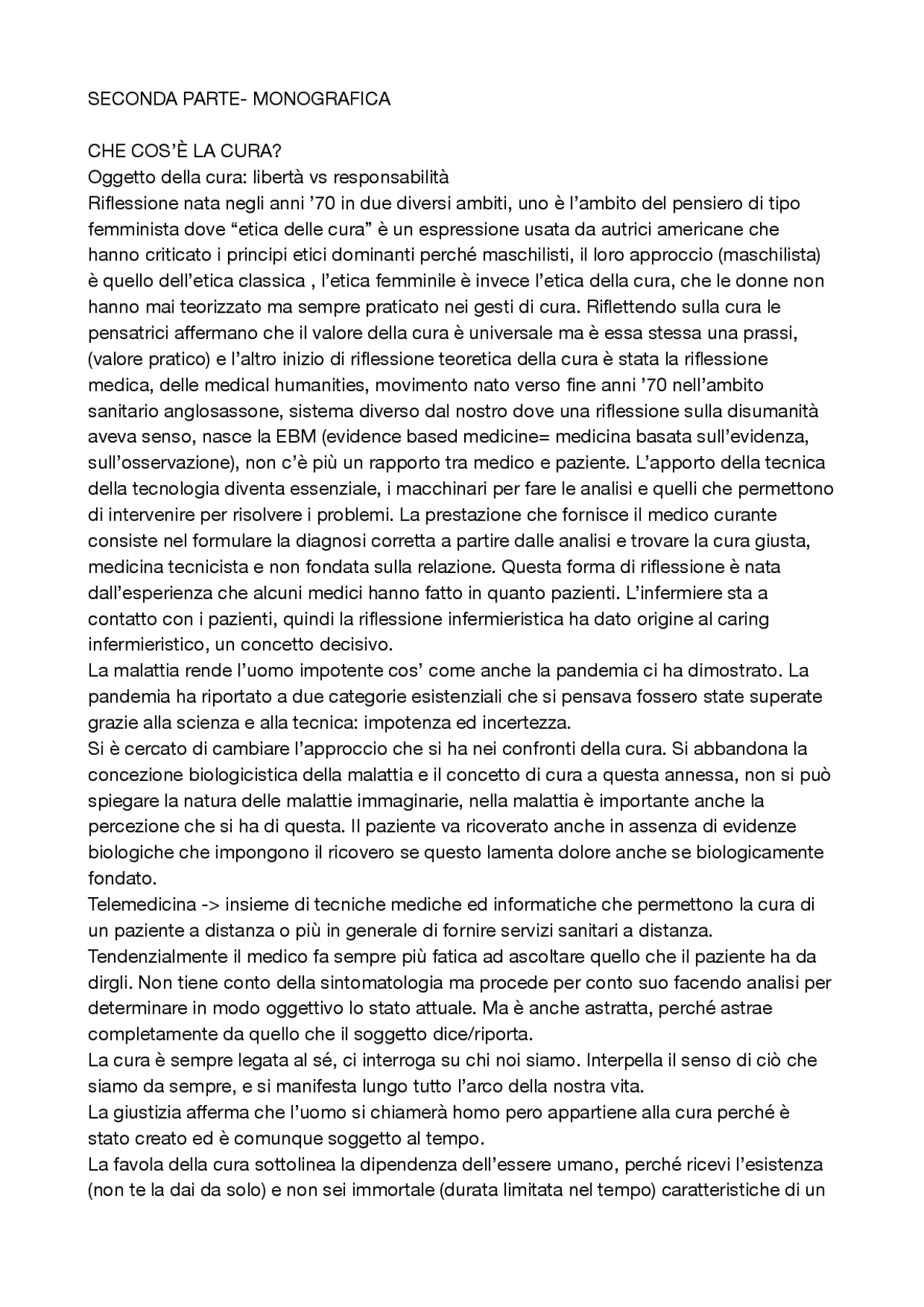 Che Cosè La Cura Parte Monografica Docsity