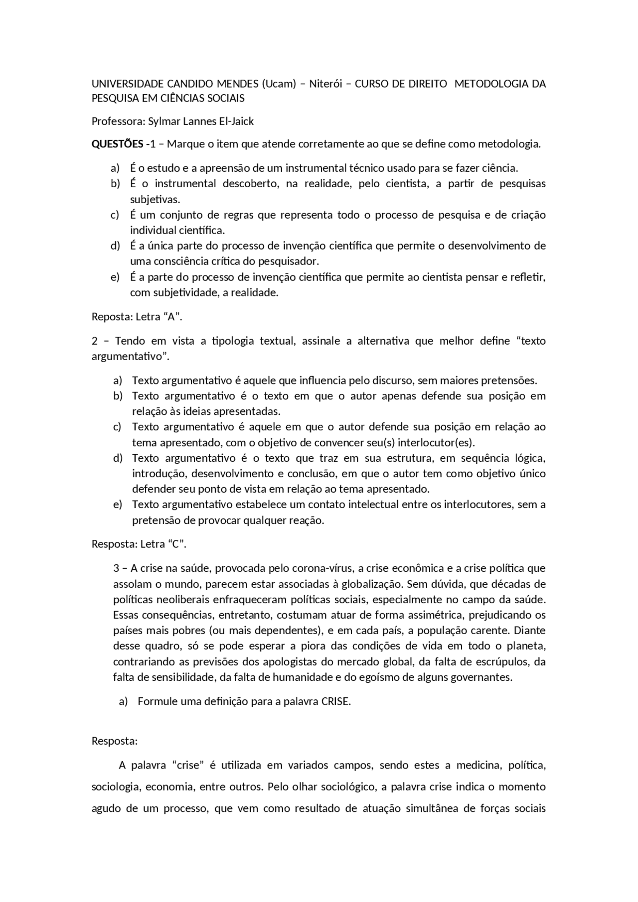 Metodologia Da Pesquisa Prova P1 Provas Direito Docsity