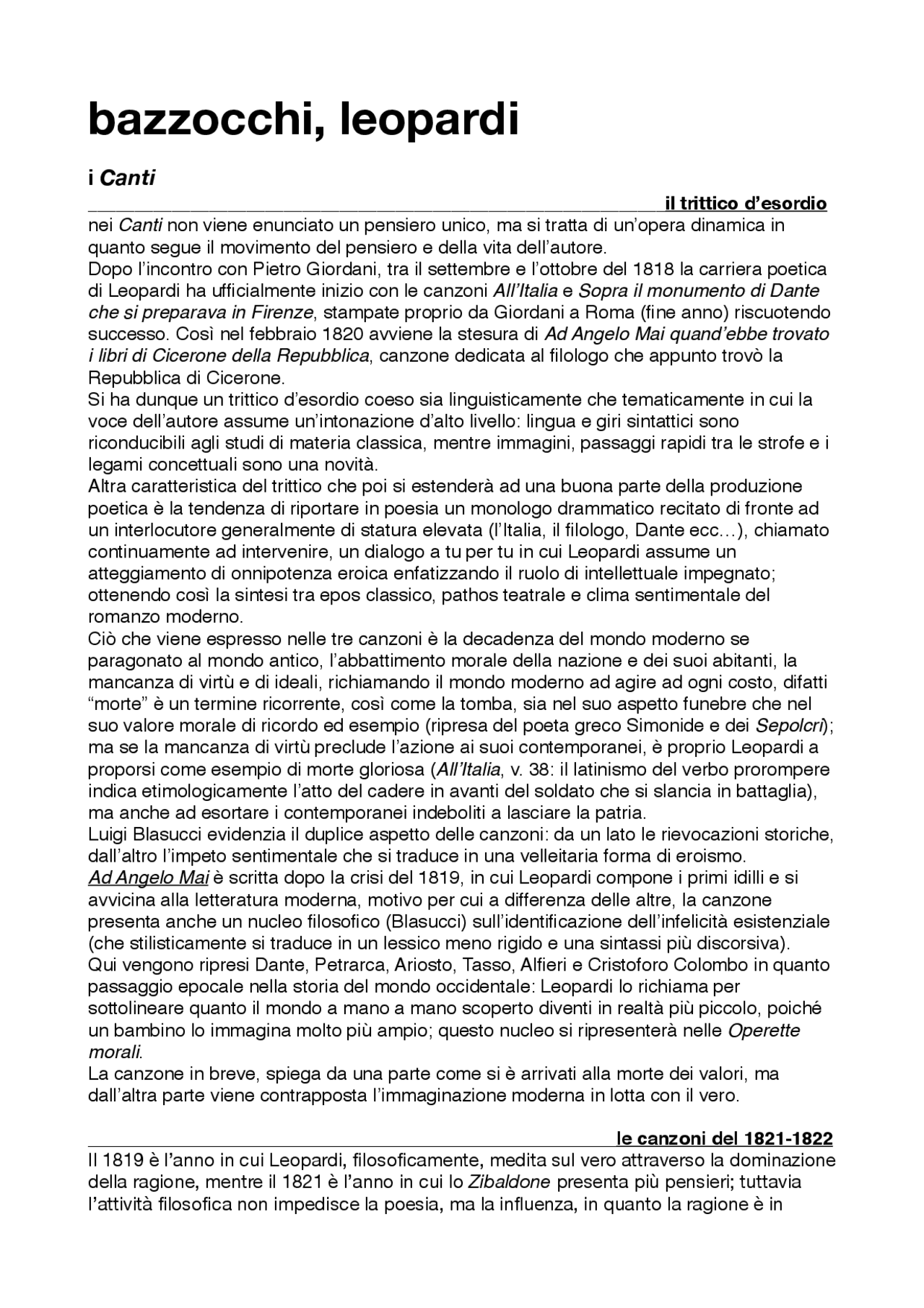 Riassunto Bazzocchi Leopardi Canti Docsity