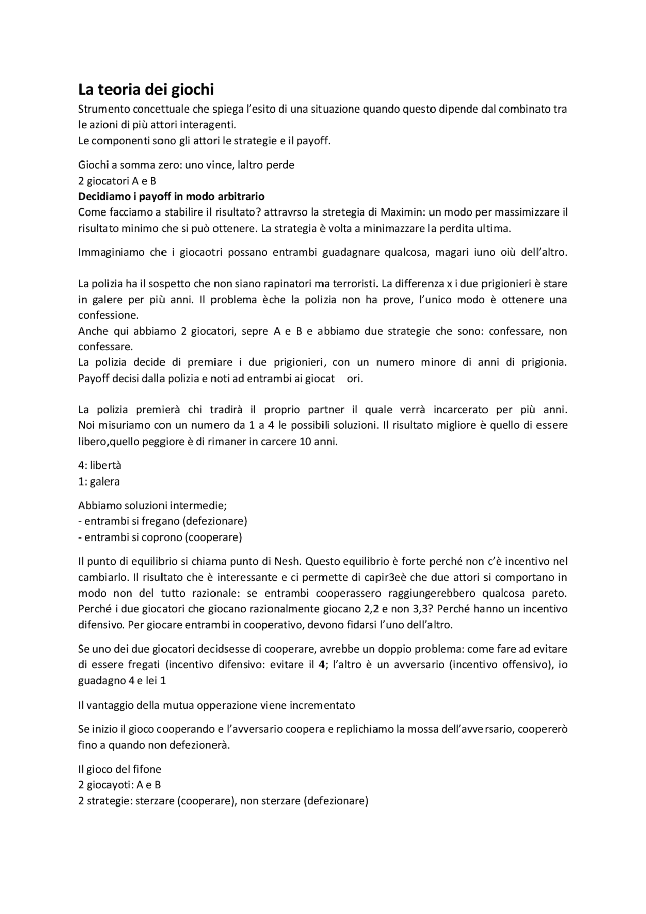 La Teoria Dei Giochi Docsity