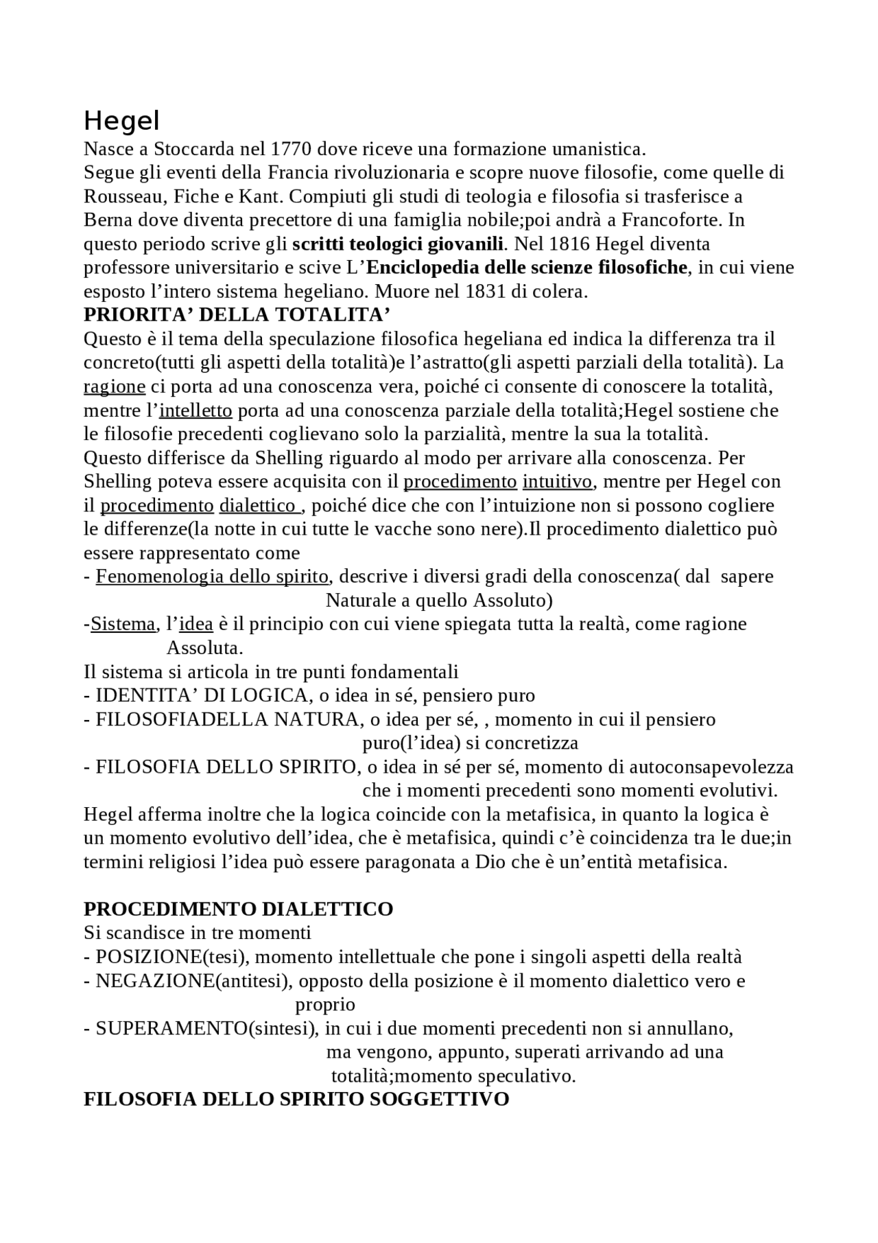 Hegel e il suo pensiero - Docsity