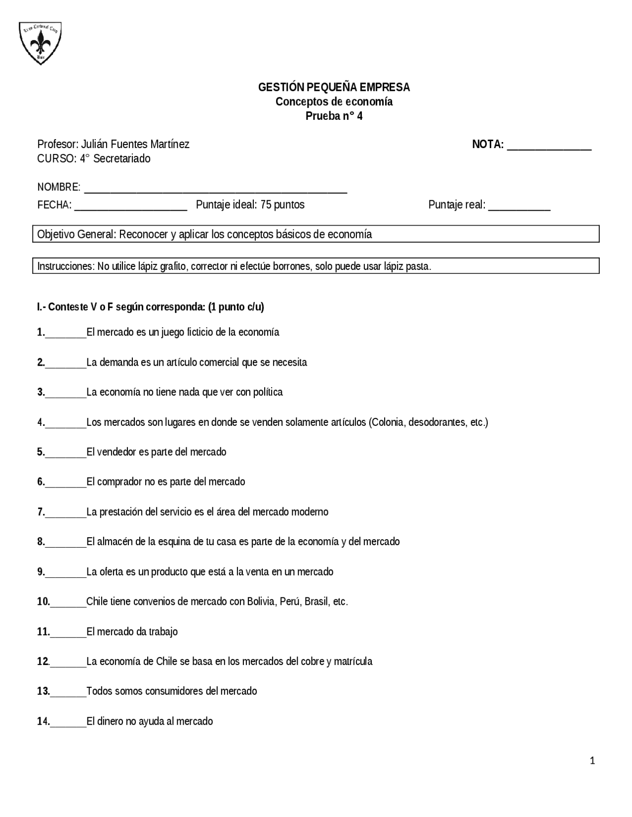 Prueba de conceptos basicos de economia | Ejercicios de Historia del ...