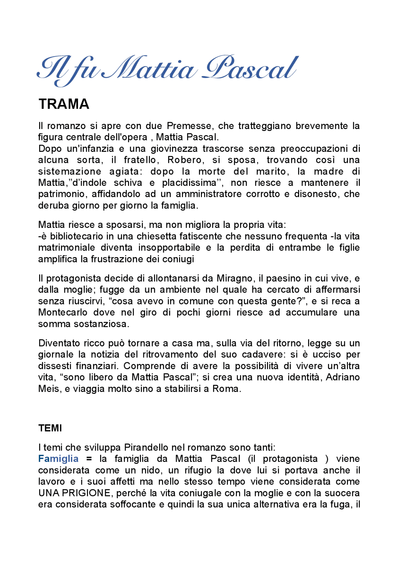 Il Fu Mattia Pascal Pirandello Docsity