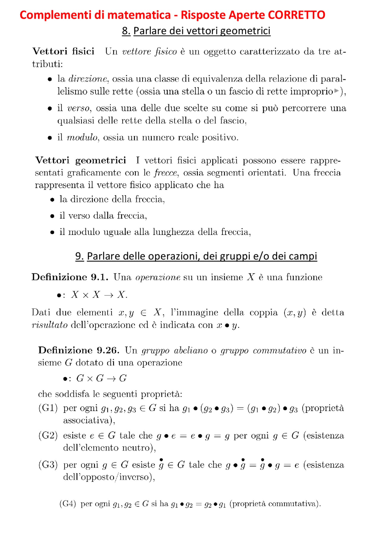 Complementi di matematica - Risposte Aperte CORRETTO - Docsity