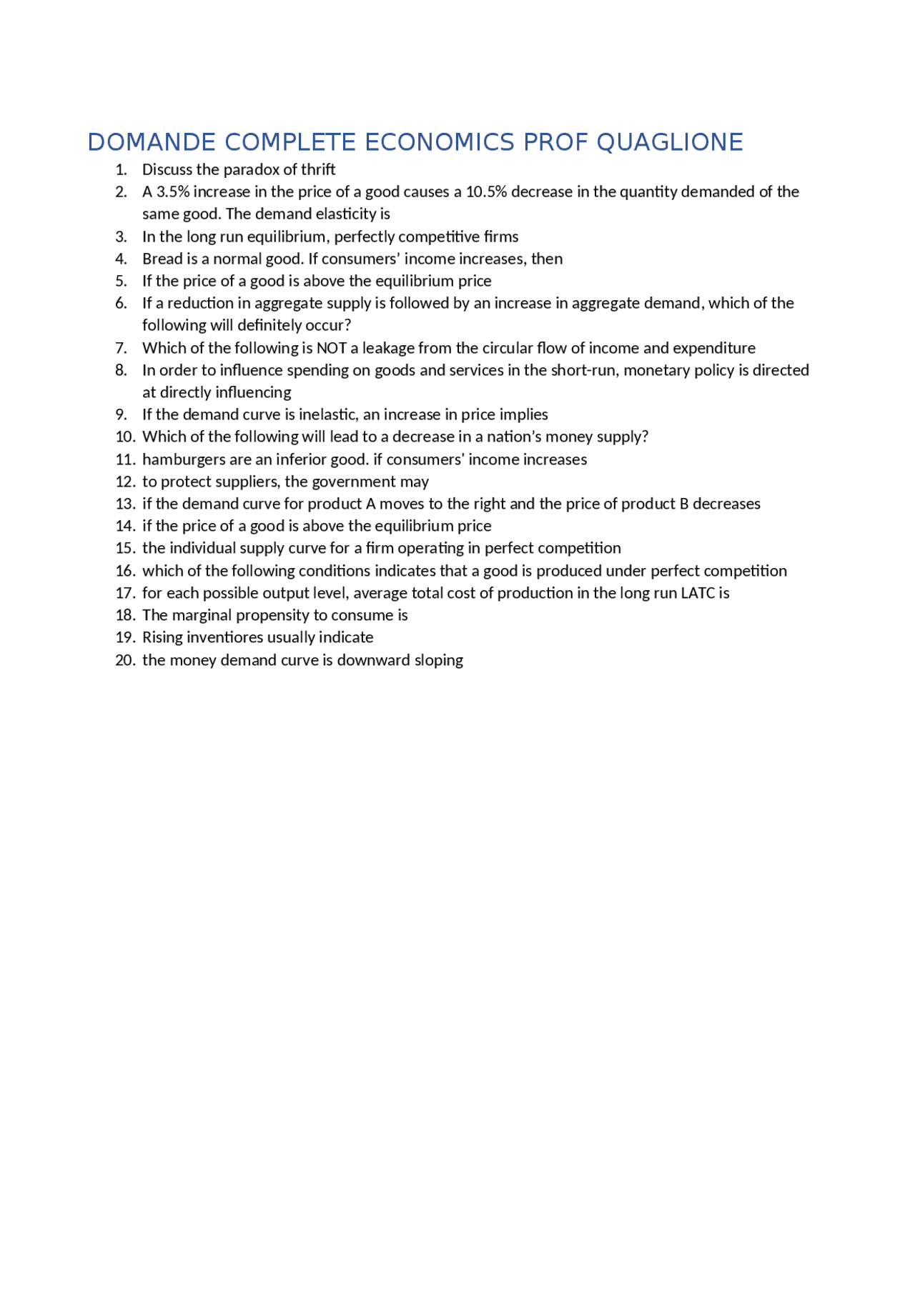Domande Complete Esame Economics Docsity