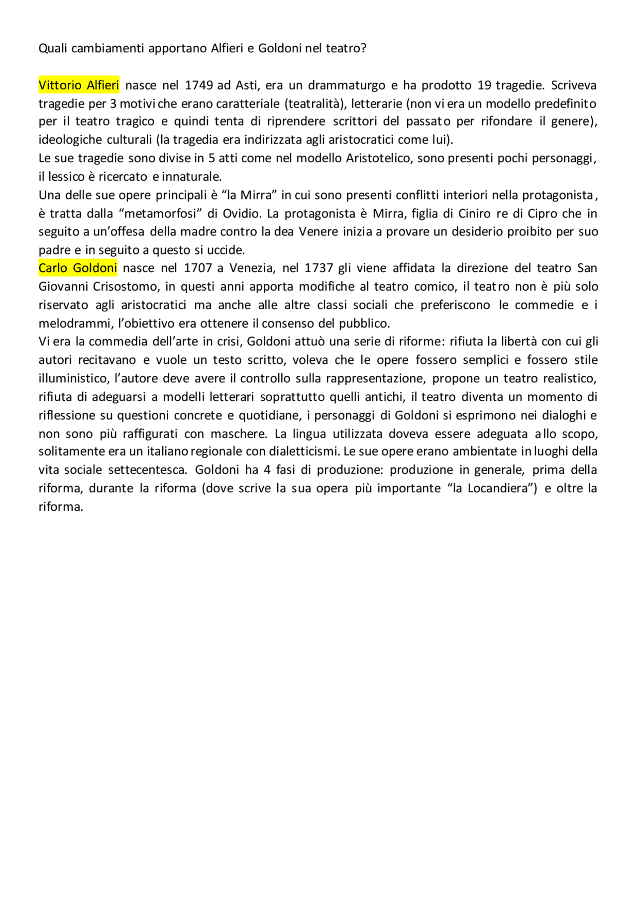 Vittorio Alfieri E Carlo Goldoni Docsity