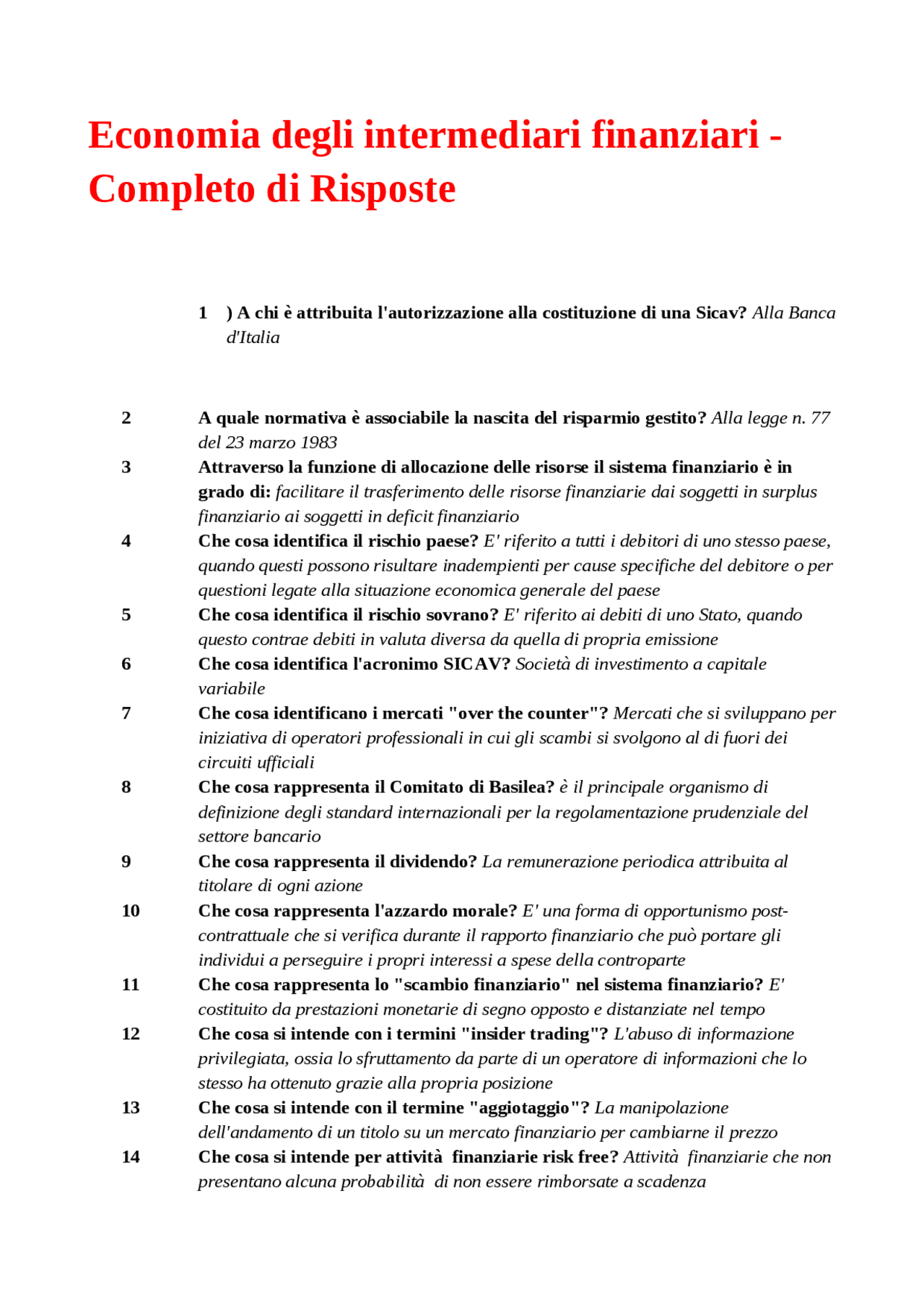 Economia degli intermediari finanziari - Completo di Risposte - Docsity